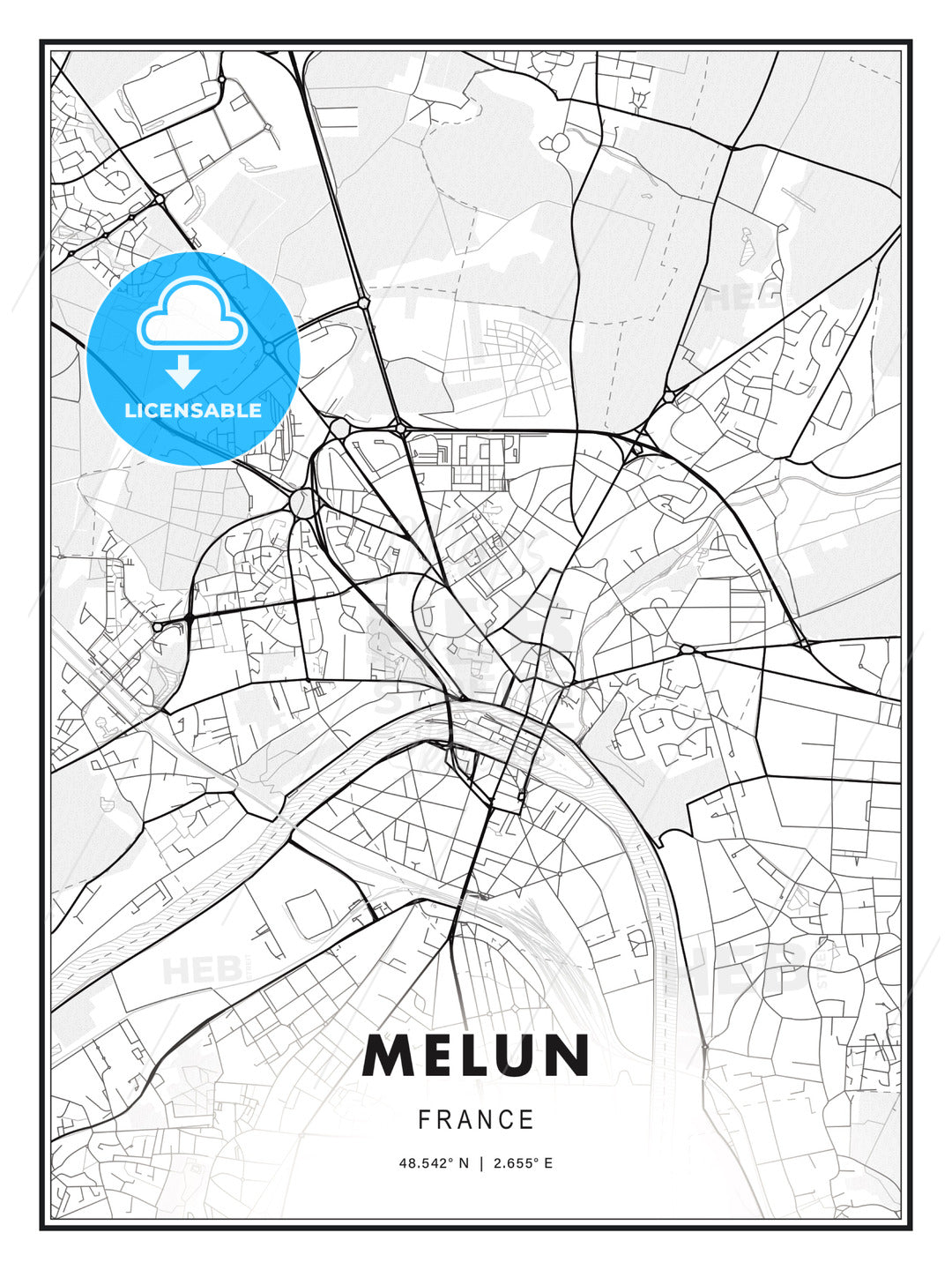 Melun, France, Modern Map Print Template in Various Formats - HEBSTREITS