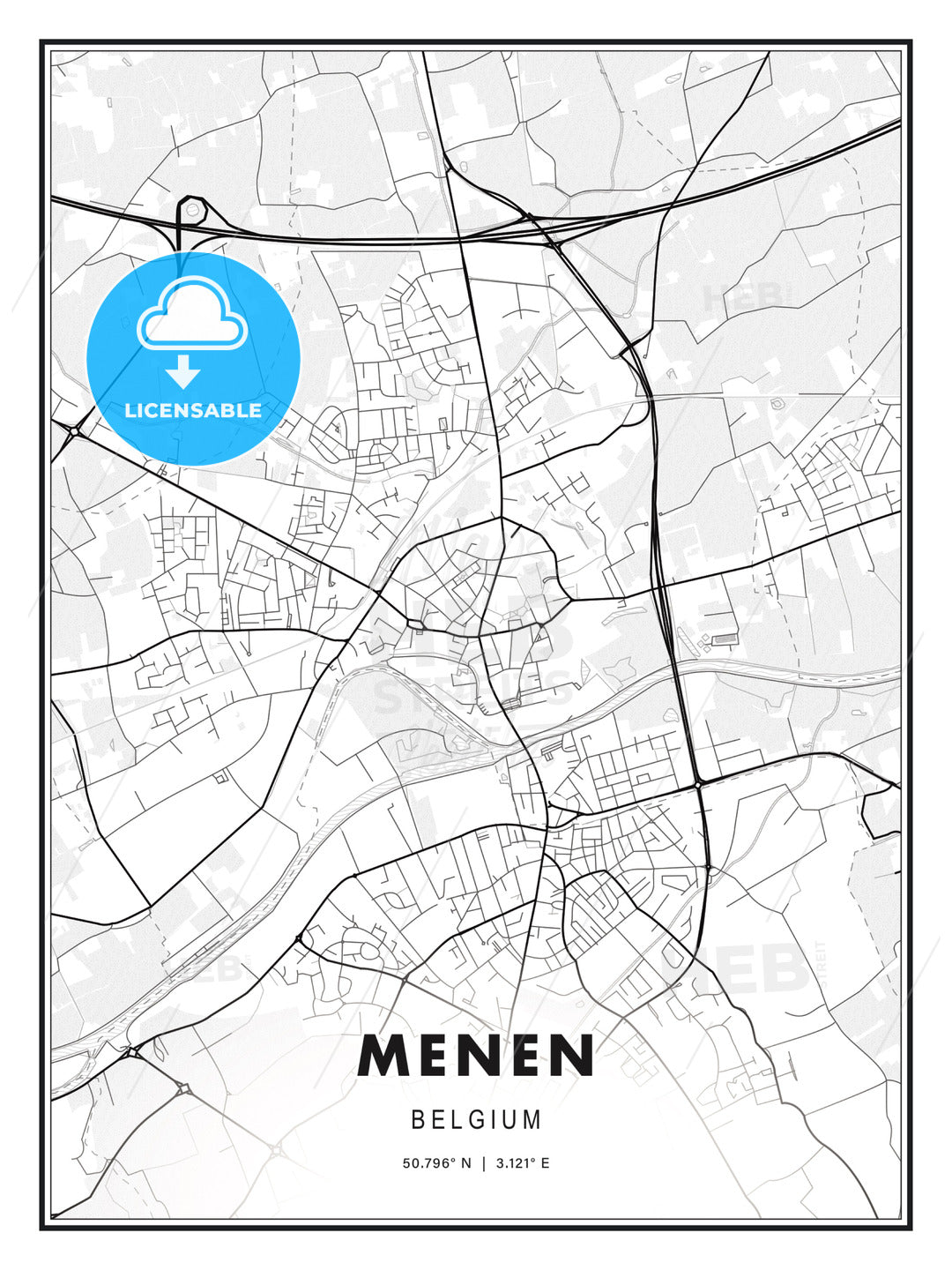 Menen, Belgium, Modern Map Print Template in Various Formats - HEBSTREITS