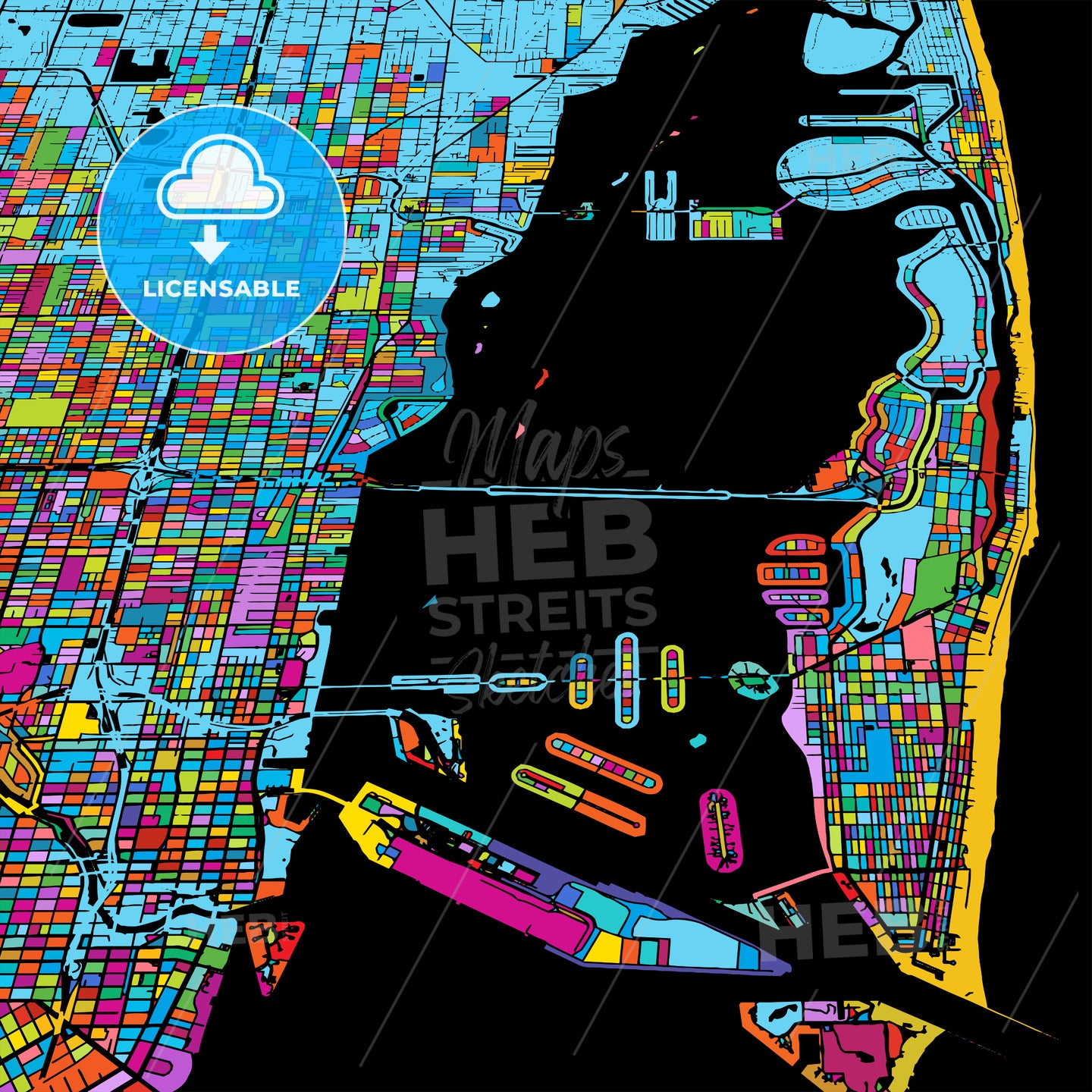 Miami And Miami Beach Colorful Vector Map On Black – HEBSTREITS