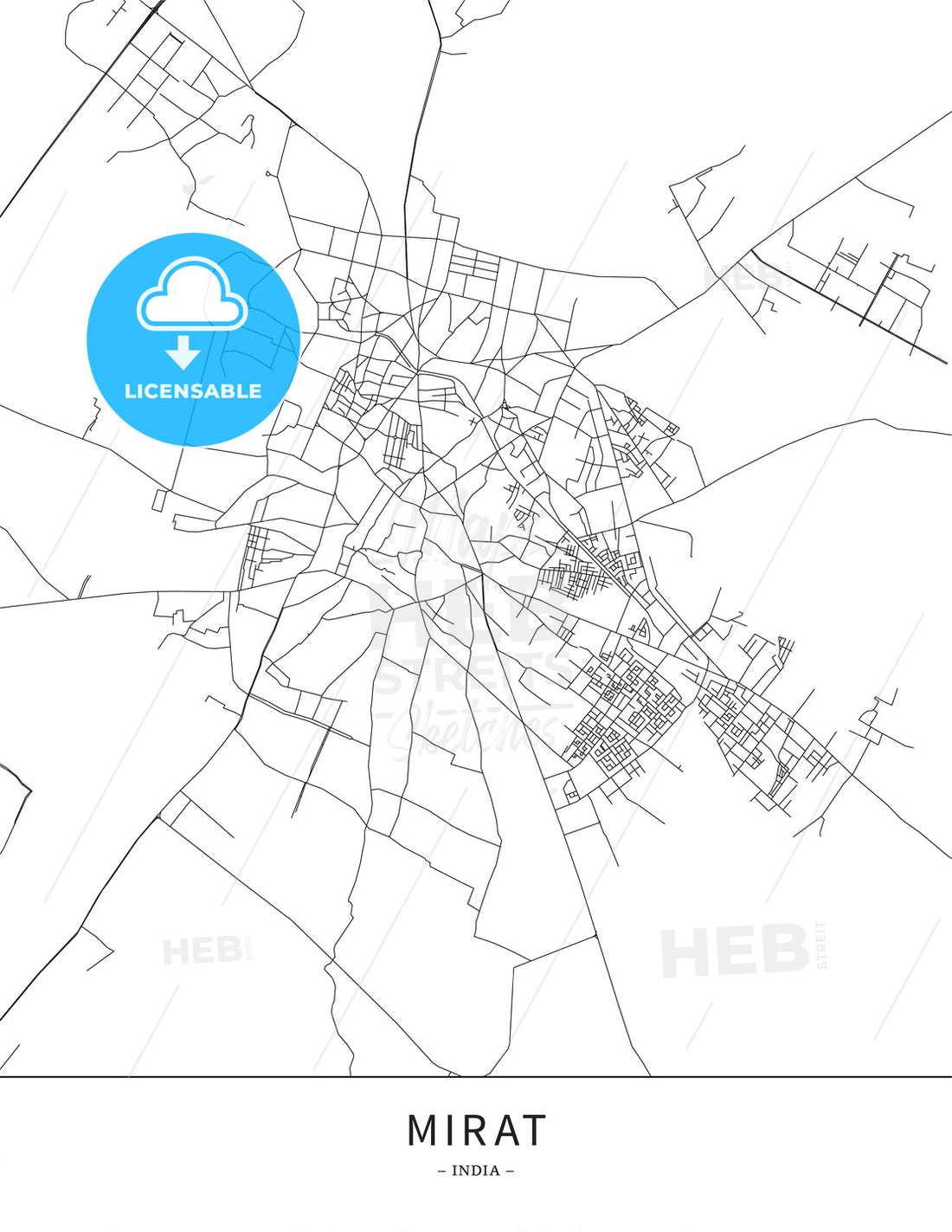 Mirat, India, Map poster borderless print template - HEBSTREITS