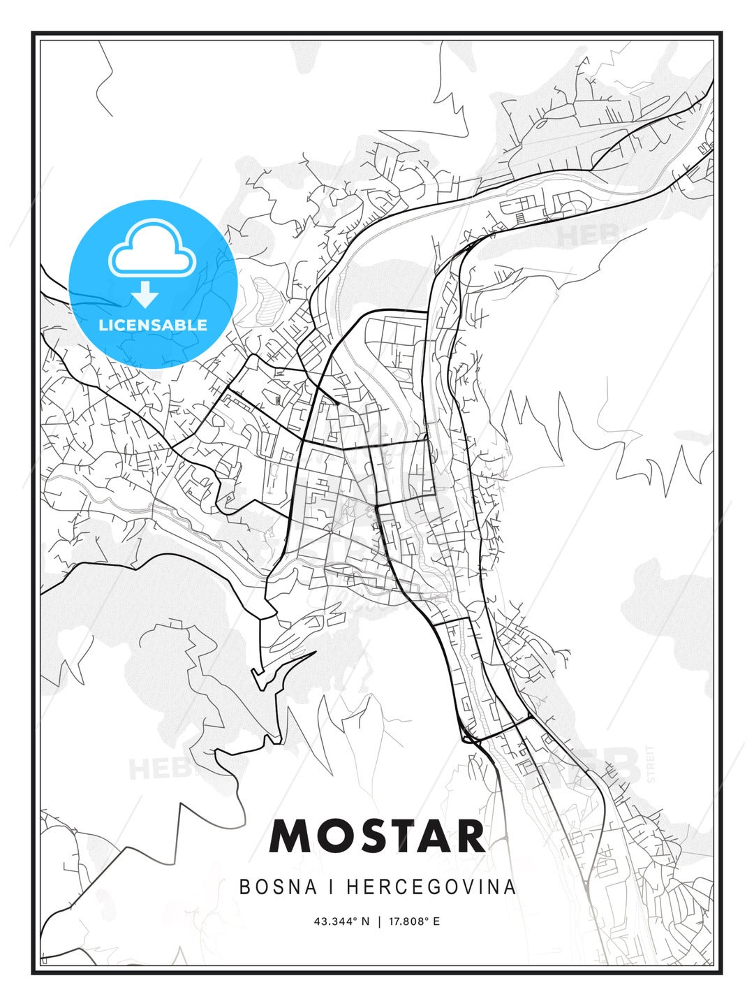 Mostar, Bosnia and Herzegovina, Modern Map Print Template in Various ...