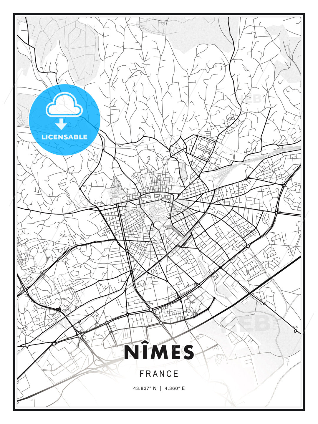 Nîmes, France, Modern Map Print Template in Various Formats - HEBSTREITS