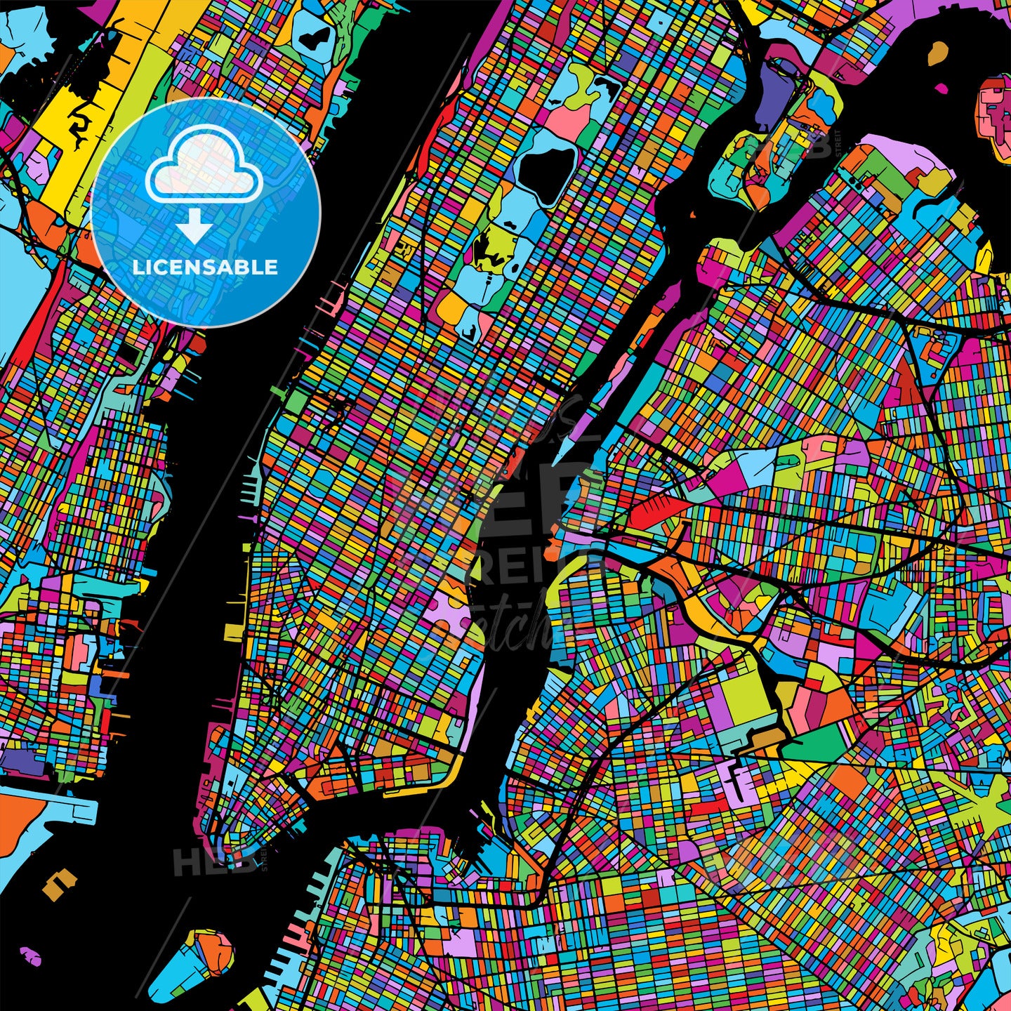 New York City Manhattan Colorful Map On Black – HEBSTREITS