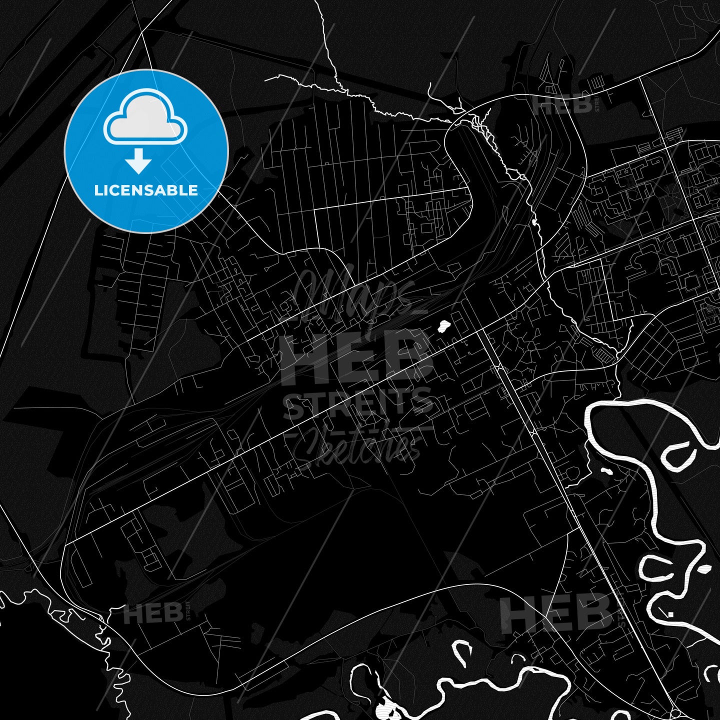 Nyagan, Russia PDF vector map black and white - HEBSTREITS