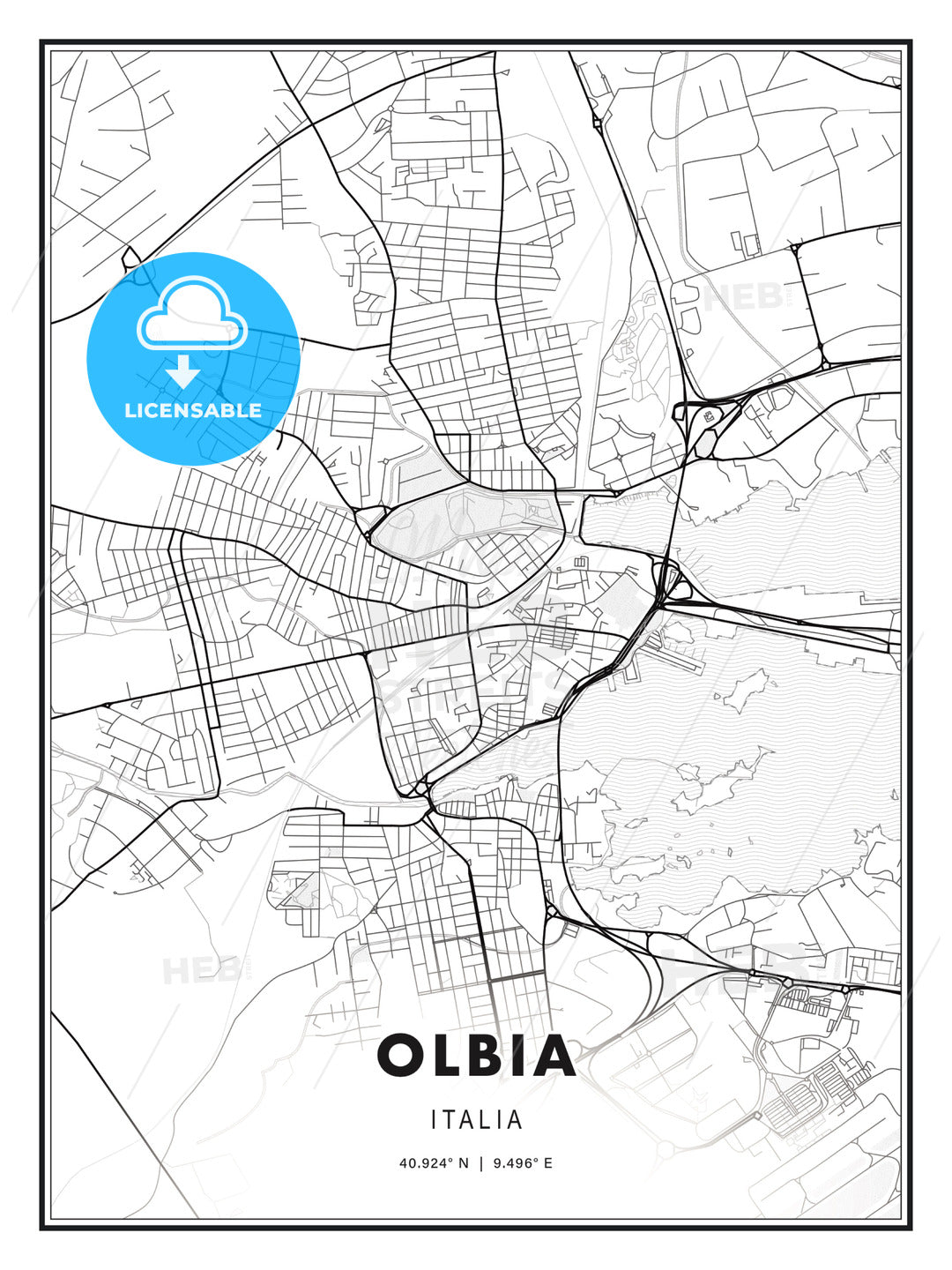Olbia, Italy, Modern Map Print Template in Various Formats - HEBSTREITS