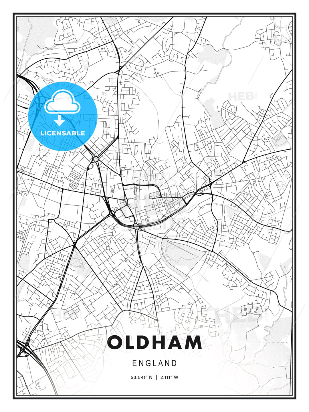 Oldham, England, Modern Map Print Template in Various Formats - HEBSTREITS