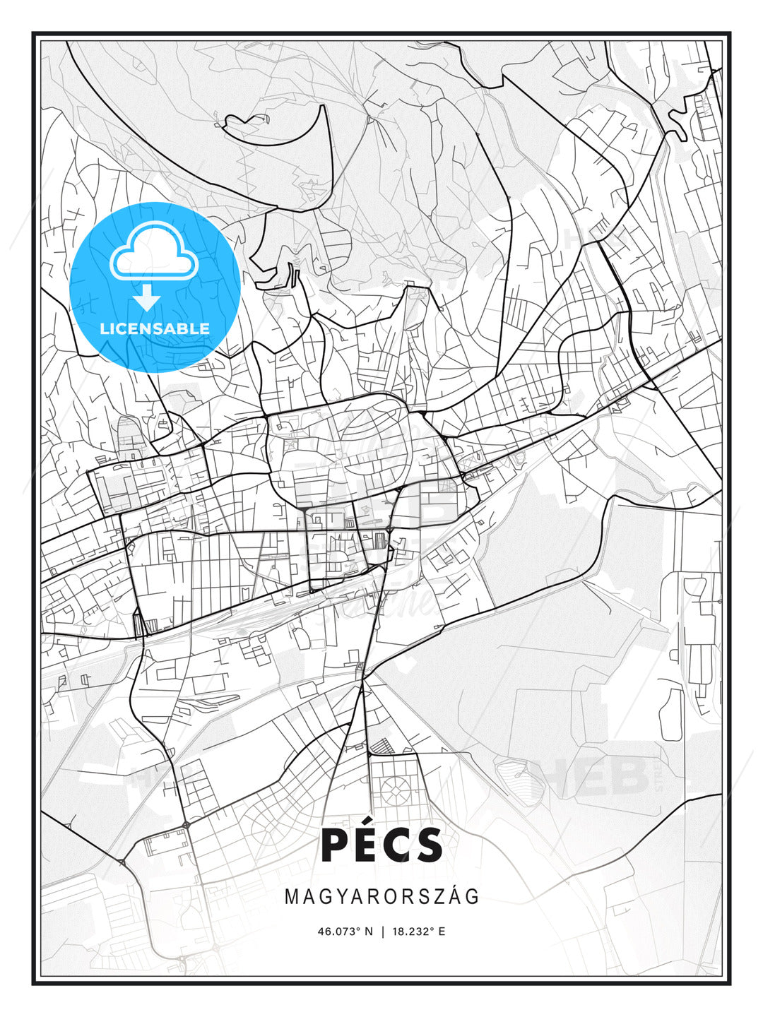 Pécs, Hungary, Modern Map Print Template in Various Formats - HEBSTREITS