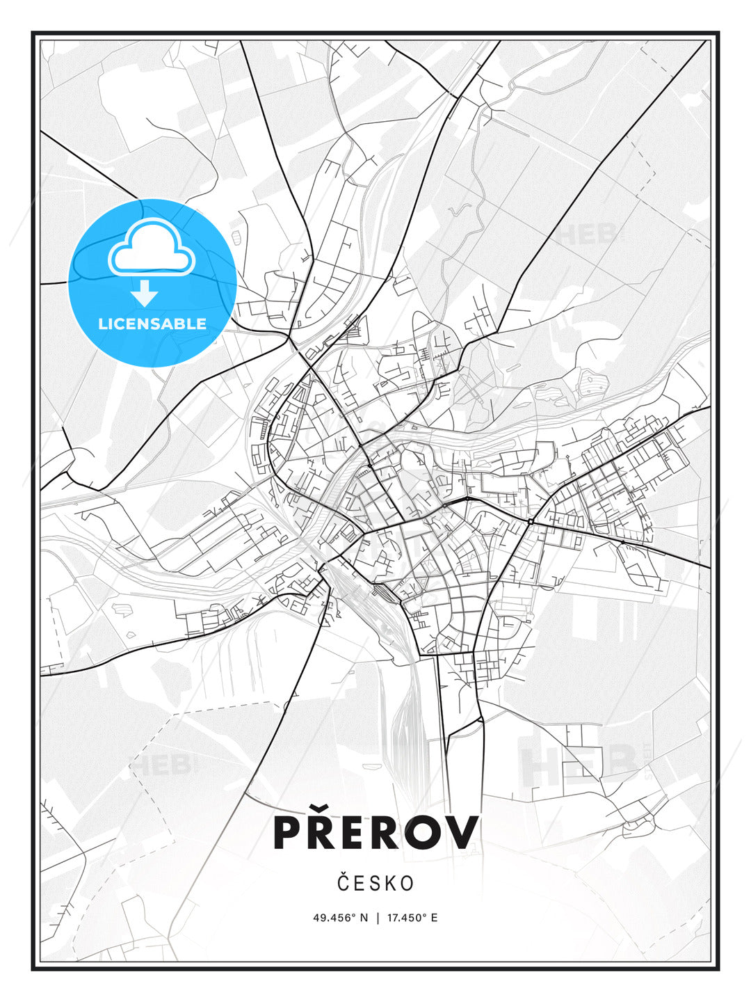 Přerov, Czechia, Modern Map Print Template in Various Formats - HEBSTREITS