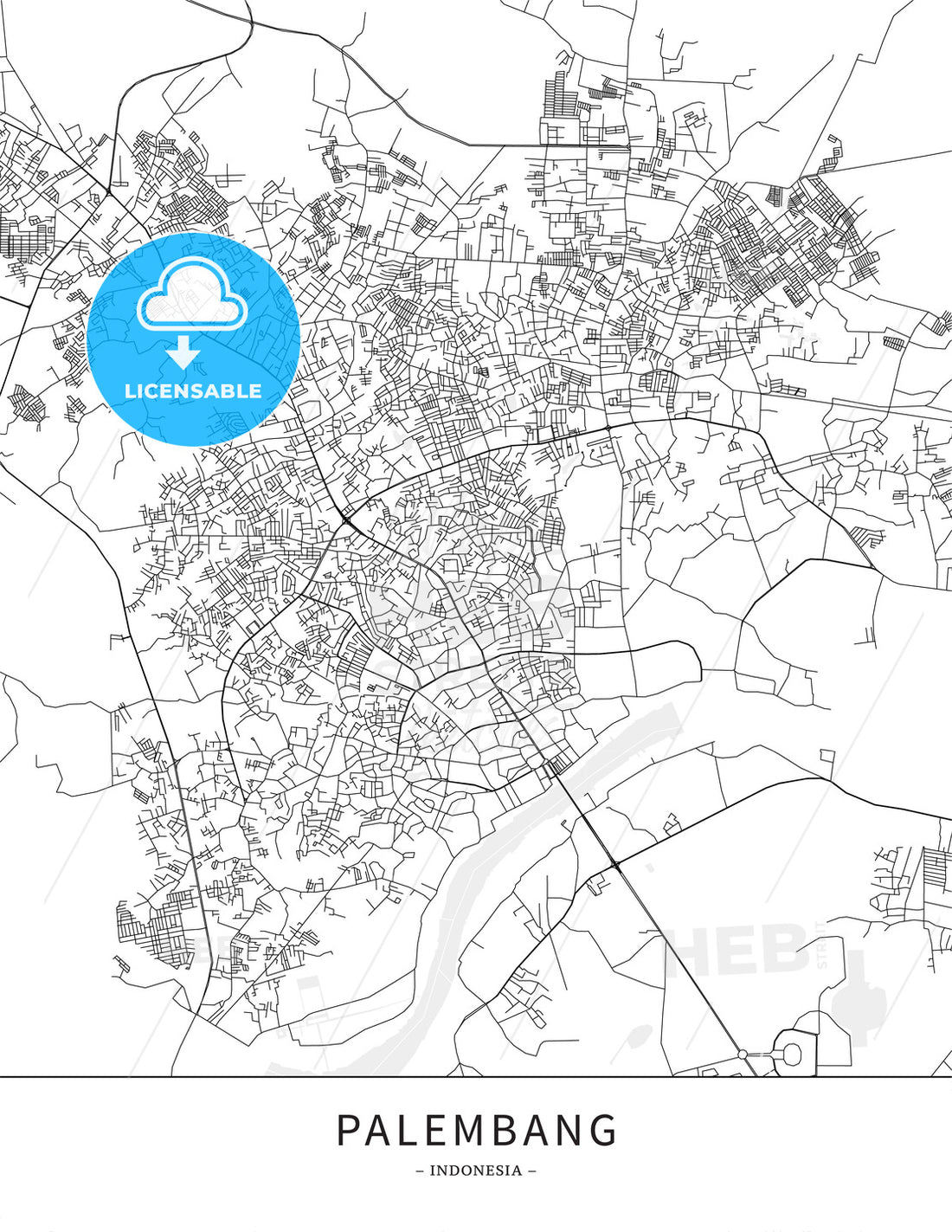 Palembang, Indonesia, Map poster borderless print template - HEBSTREITS