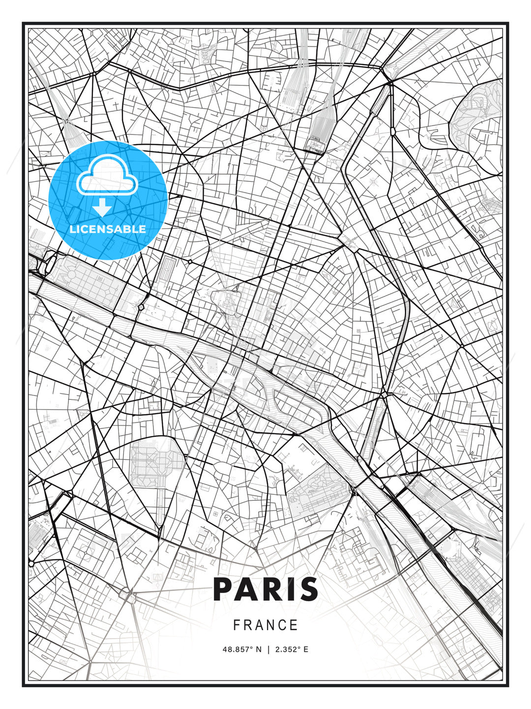 Paris, France, Modern Map Print Template in Various Formats - HEBSTREITS