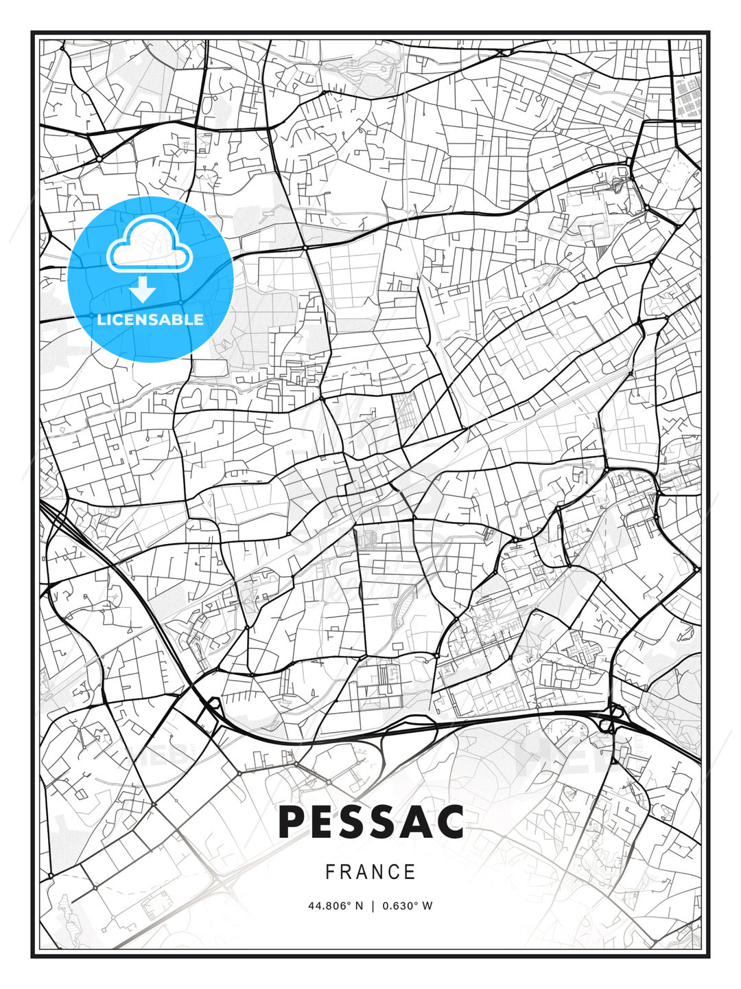 Pessac, France, Modern Map Print Template in Various Formats - HEBSTREITS