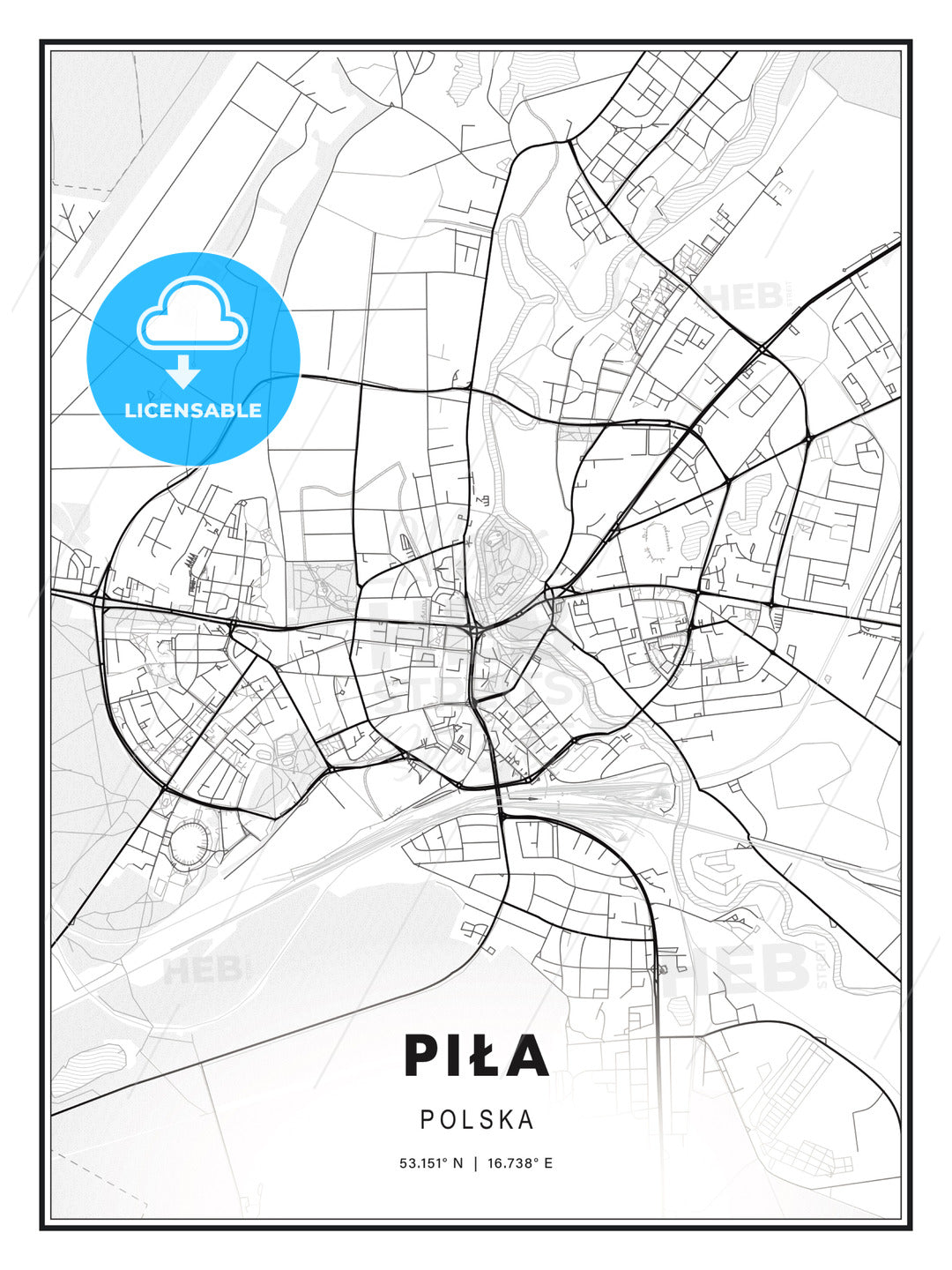 Piła, Poland, Modern Map Print Template in Various Formats - HEBSTREITS