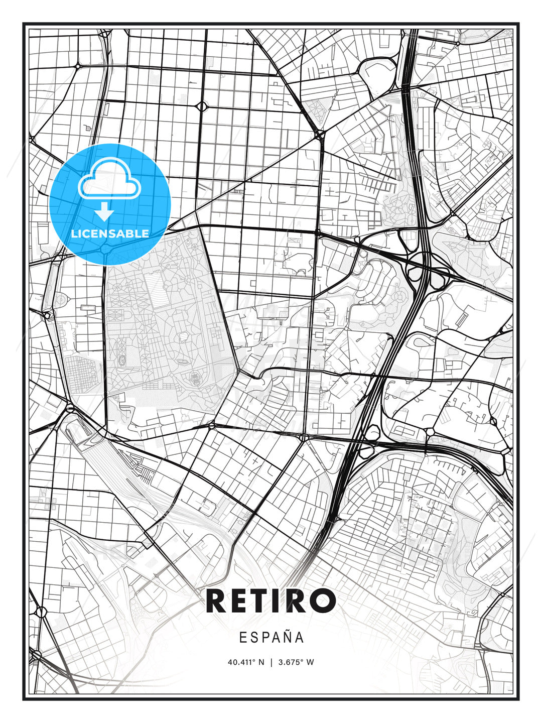 Retiro, Spain, Modern Map Print Template in Various Formats - HEBSTREITS