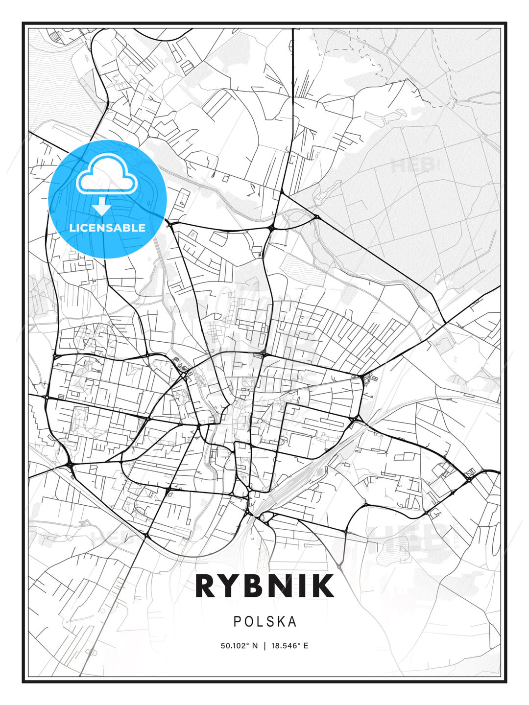 Rybnik, Poland, Modern Map Print Template in Various Formats - HEBSTREITS
