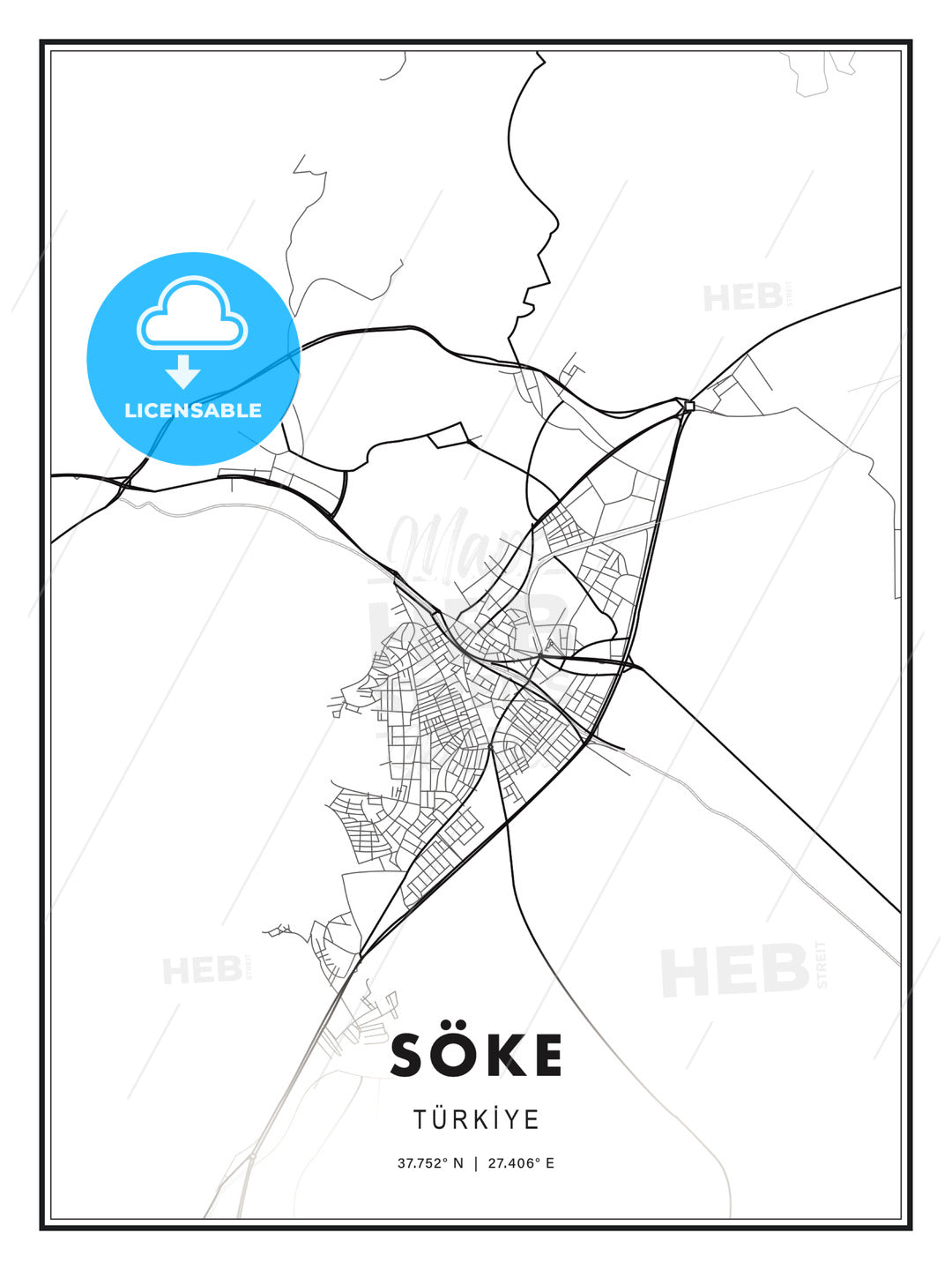 Söke, Turkey, Modern Map Print Template in Various Formats - HEBSTREITS