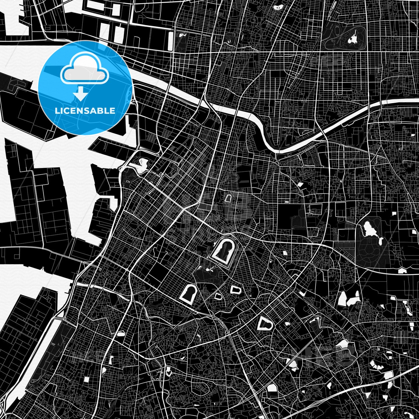 Sakai, Japan PDF vector map black and white - HEBSTREITS