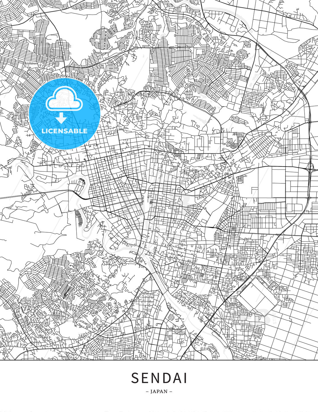 Sendai, Japan, Map poster borderless print template - HEBSTREITS