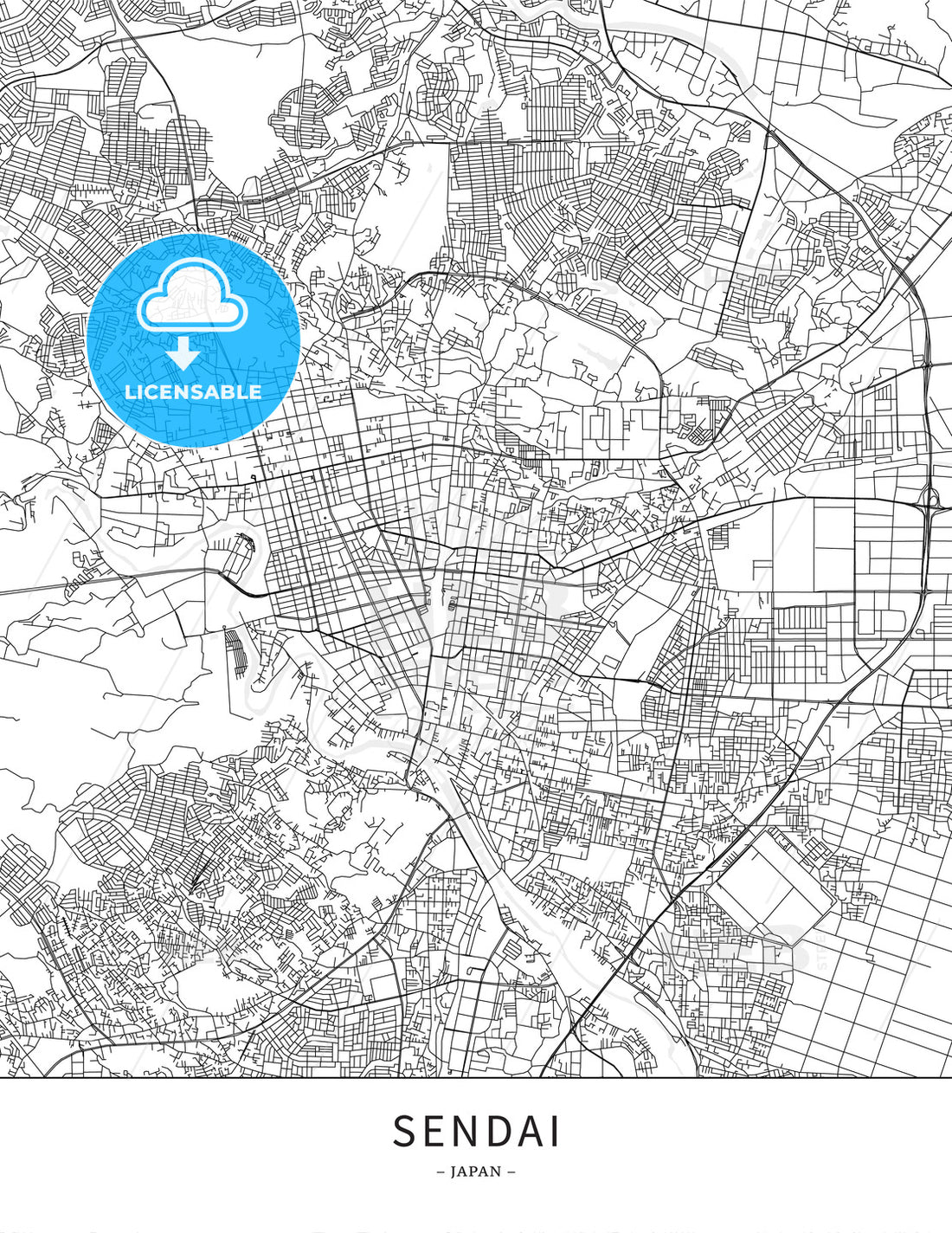 Sendai, Japan, Map poster borderless print template - HEBSTREITS