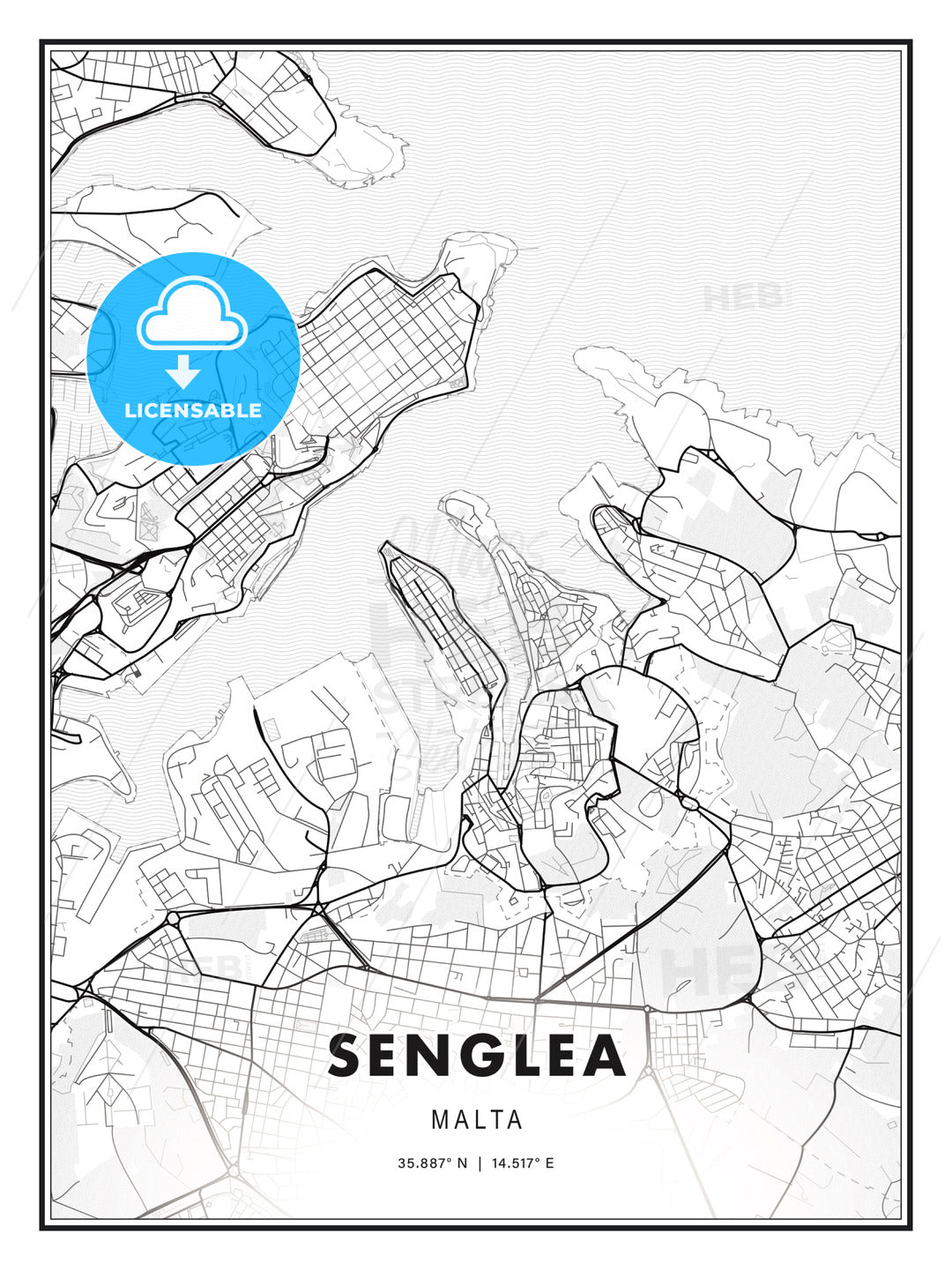 Senglea, Malta, Modern Map Print Template in Various Formats - HEBSTREITS
