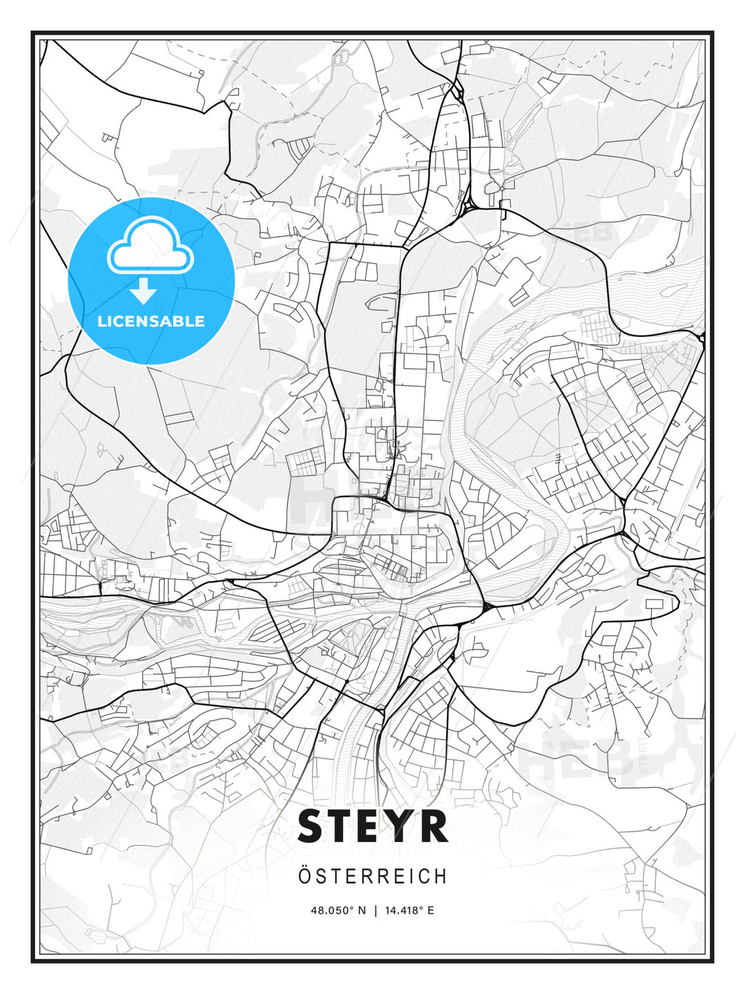 Steyr, Austria, Modern Map Print Template in Various Formats - HEBSTREITS