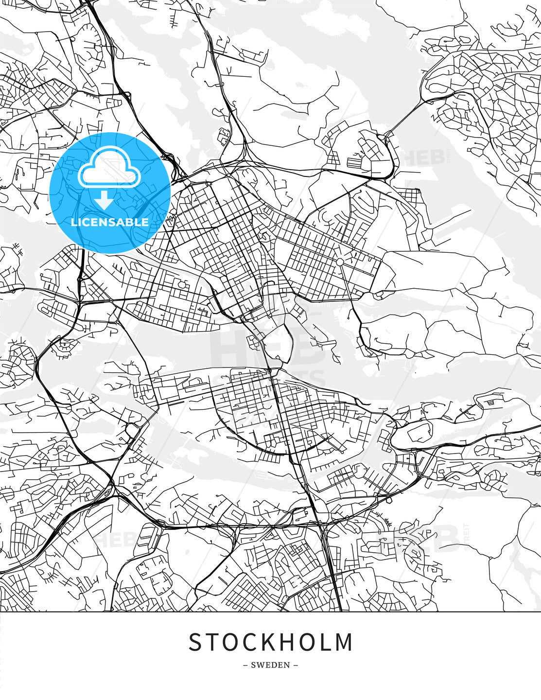 Stockholm, Sweden, Map poster borderless print template - HEBSTREITS