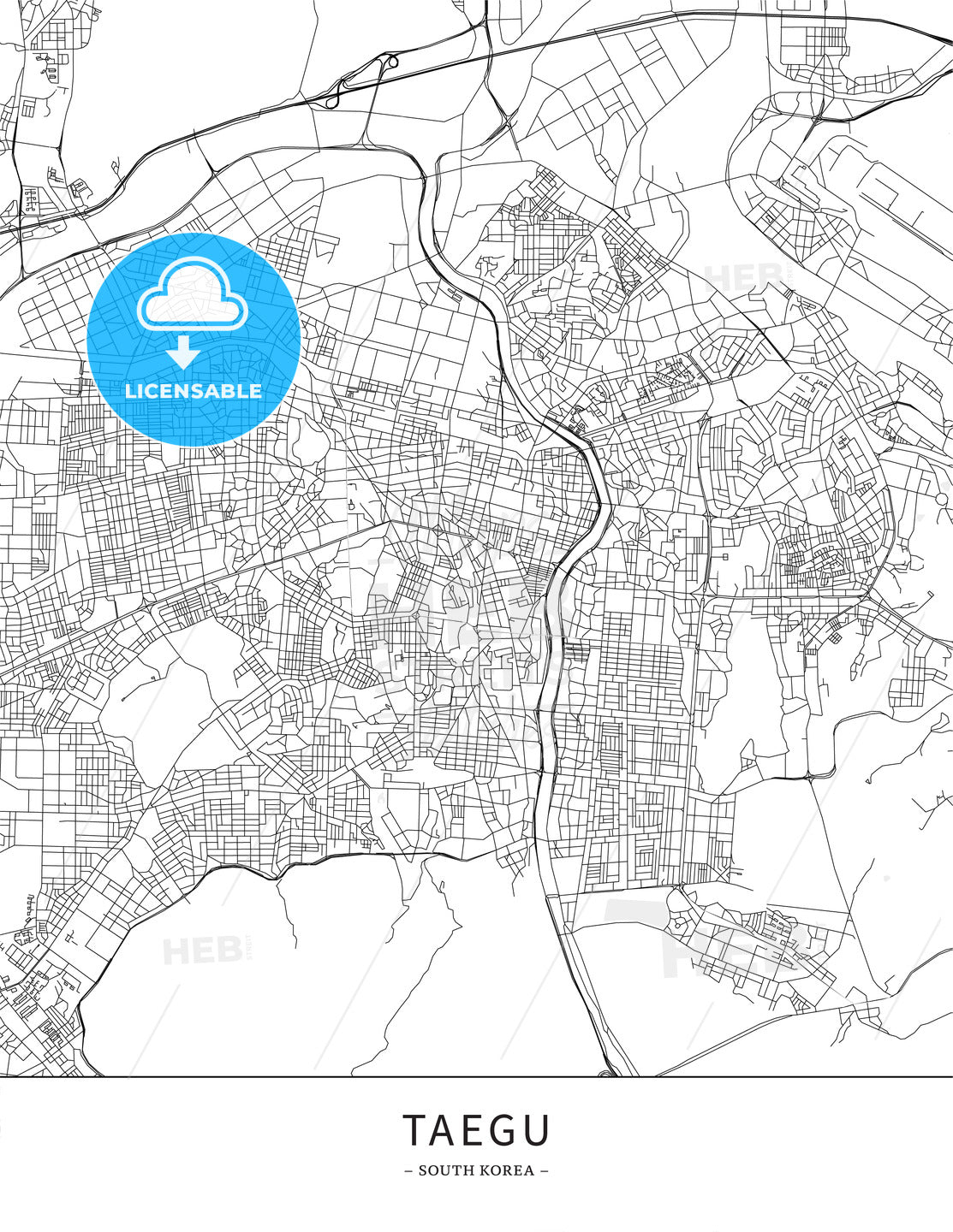 Taegu, South Korea, Map poster borderless print template - HEBSTREITS