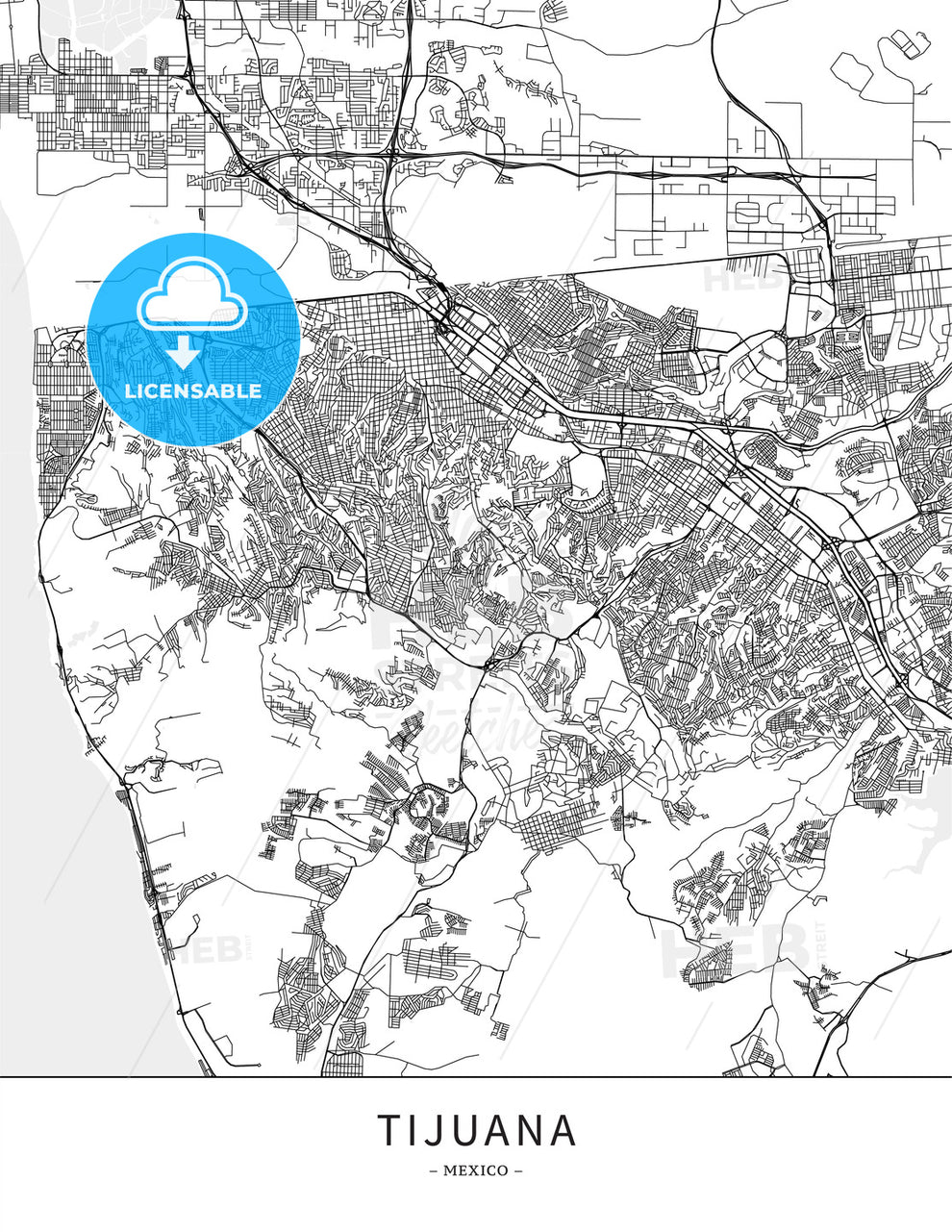 Tijuana, Mexico, Map poster borderless print template - HEBSTREITS