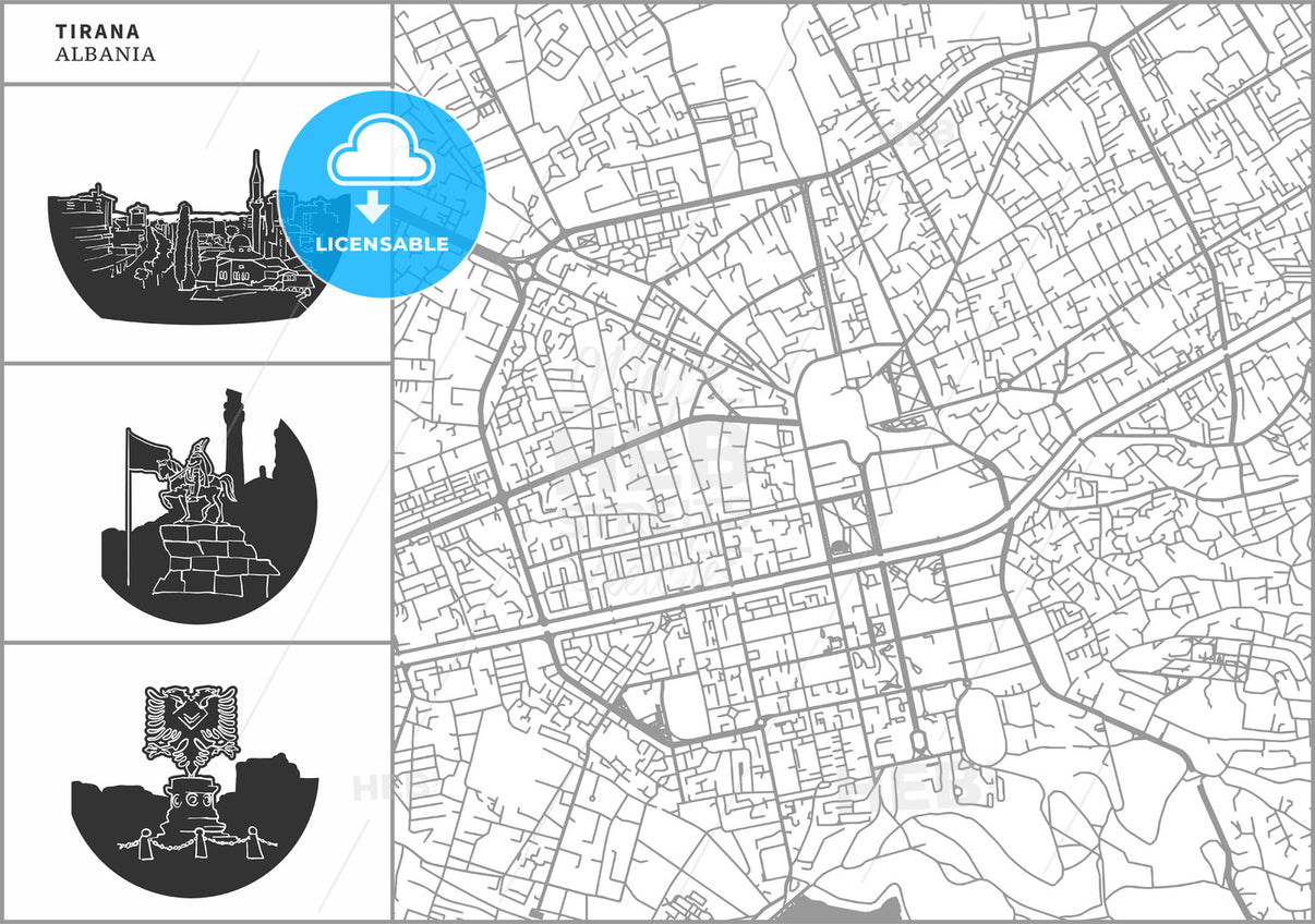Tirana city map with hand-drawn architecture icons - HEBSTREITS