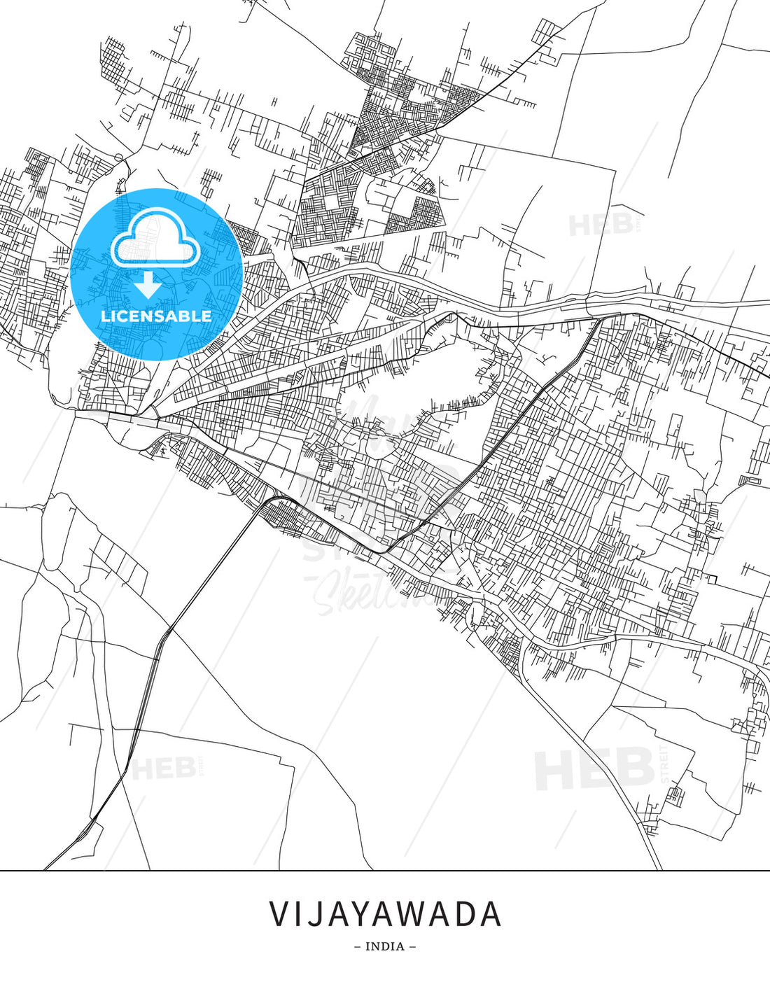 Vijayawada, India, Map poster borderless print template - HEBSTREITS