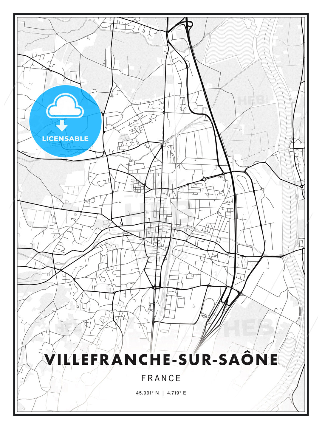 Villefranche-sur-Saône, France, Modern Map Print Template in Various ...