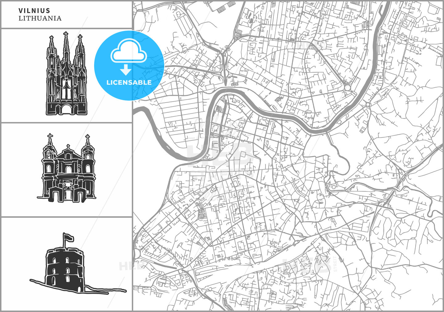 Vilnius city map with hand-drawn architecture icons - HEBSTREITS