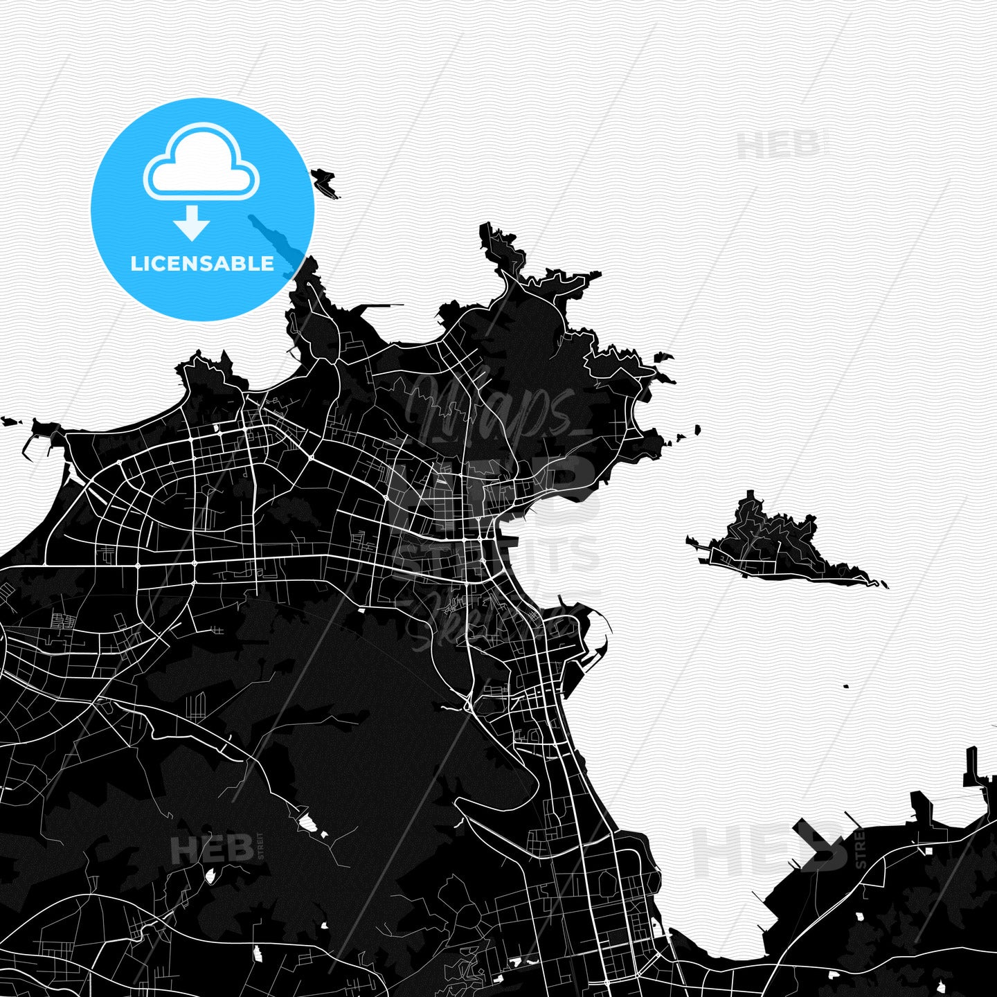 Weihai, China PDF vector map black and white - HEBSTREITS