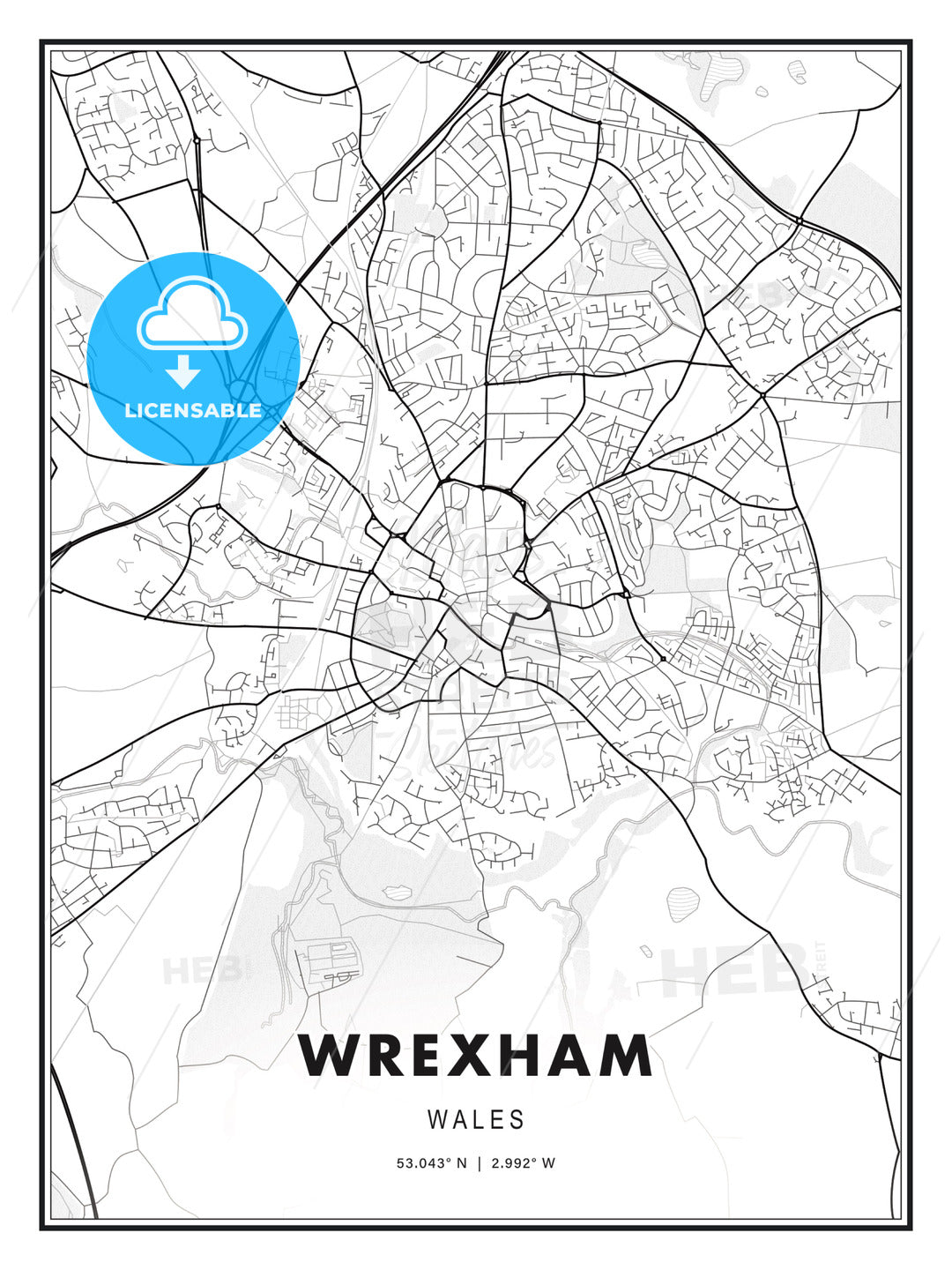 Wrexham, Wales, Modern Map Print Template in Various Formats - HEBSTREITS