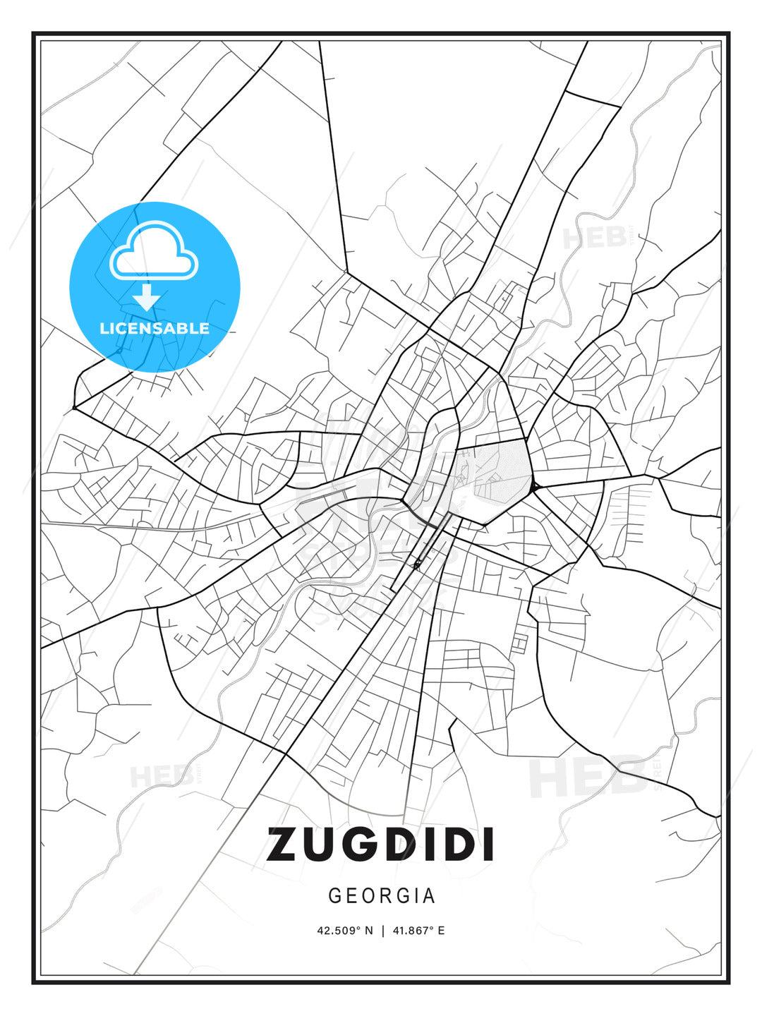 Zugdidi, Georgia, Modern Map Print Template in Various Formats - HEBSTREITS