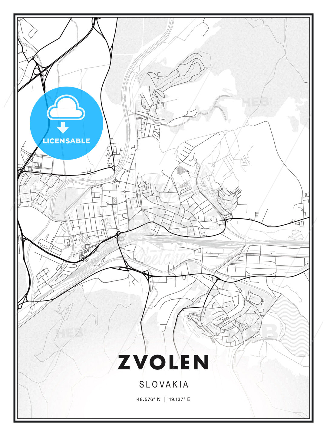 Zvolen, Slovakia, Modern Map Print Template in Various Formats - HEBSTREITS