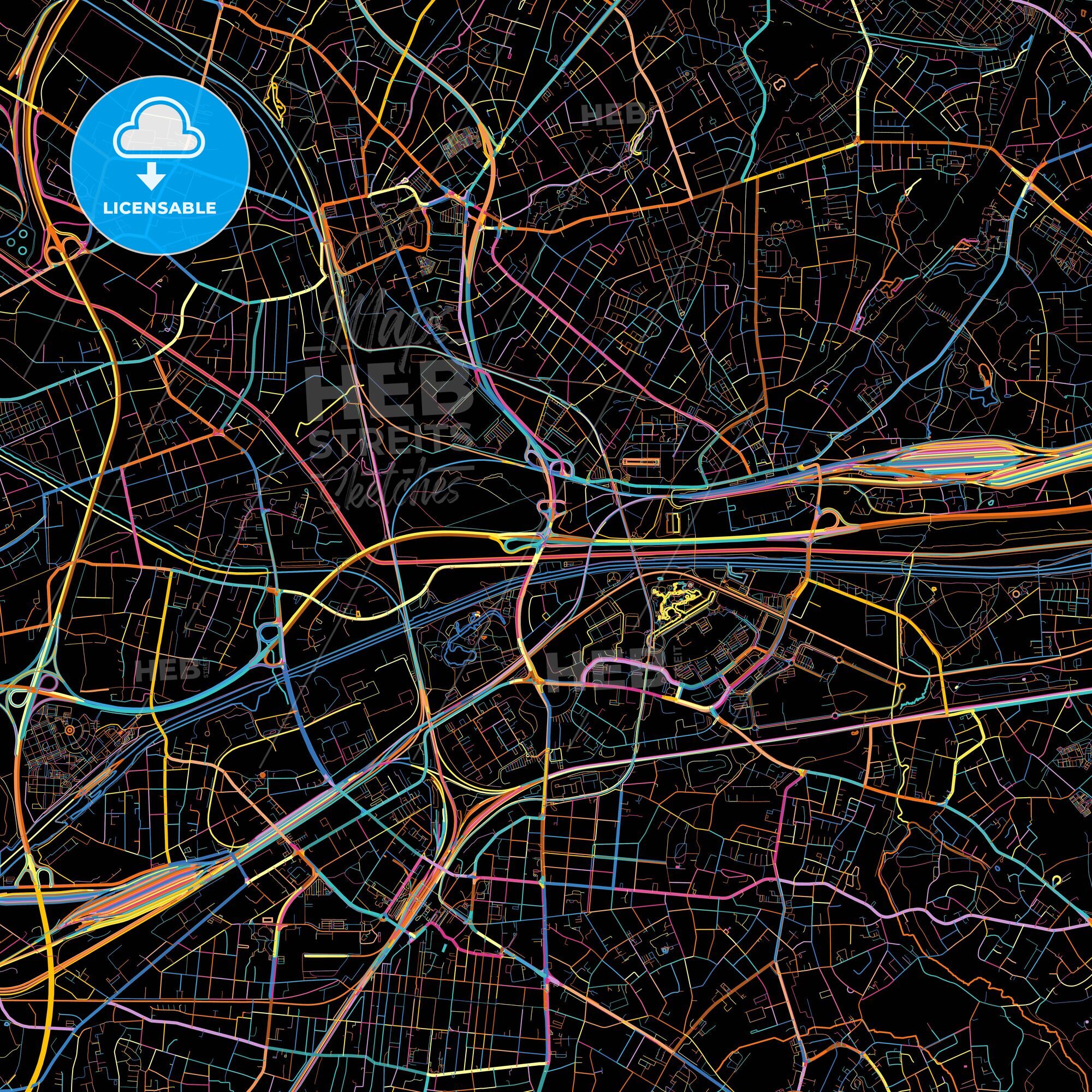 Oberhausen, North Rhine-Westphalia, Germany, colorful city map on black ...