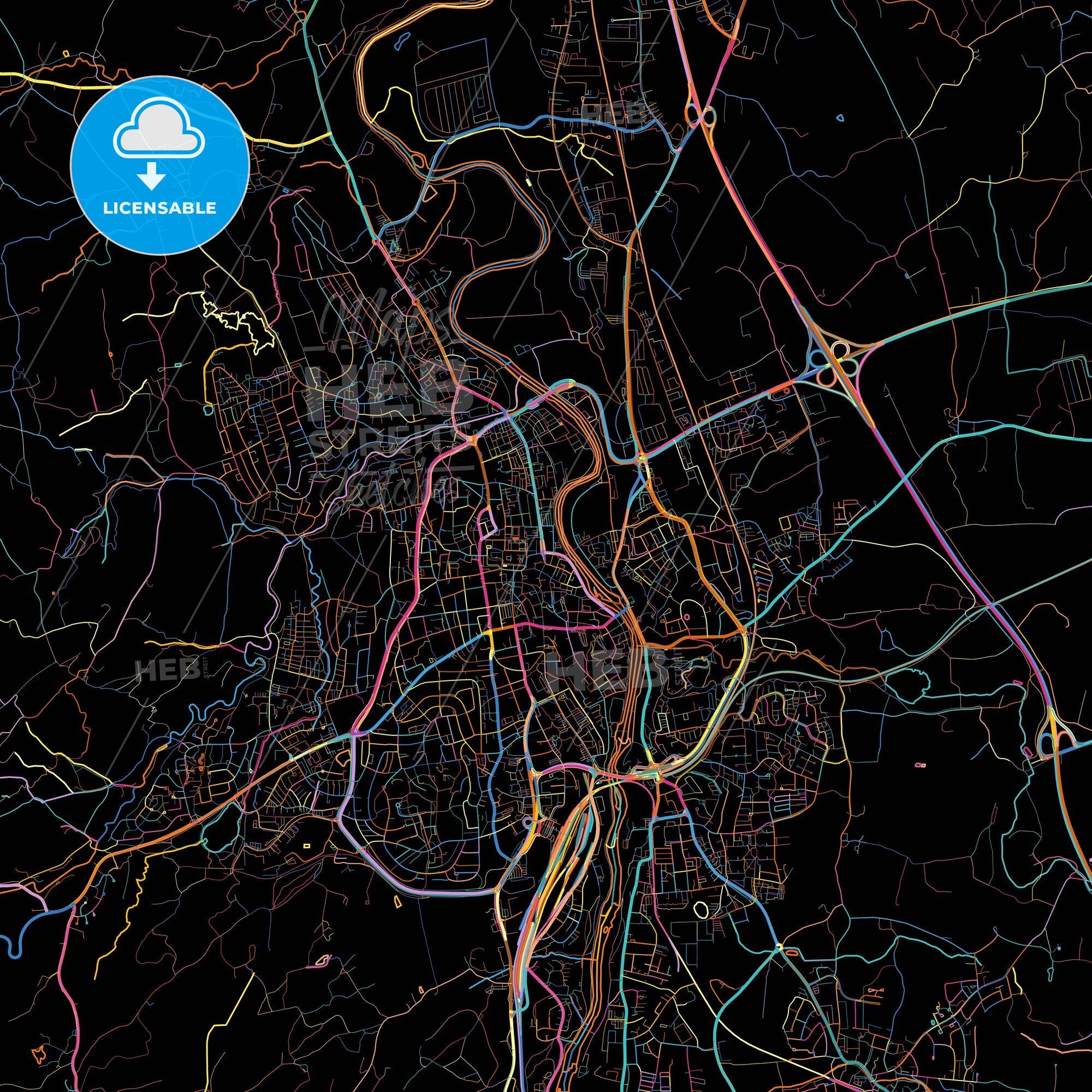 Kempten (Allgau), Bavaria, Germany, colorful city map on black ...