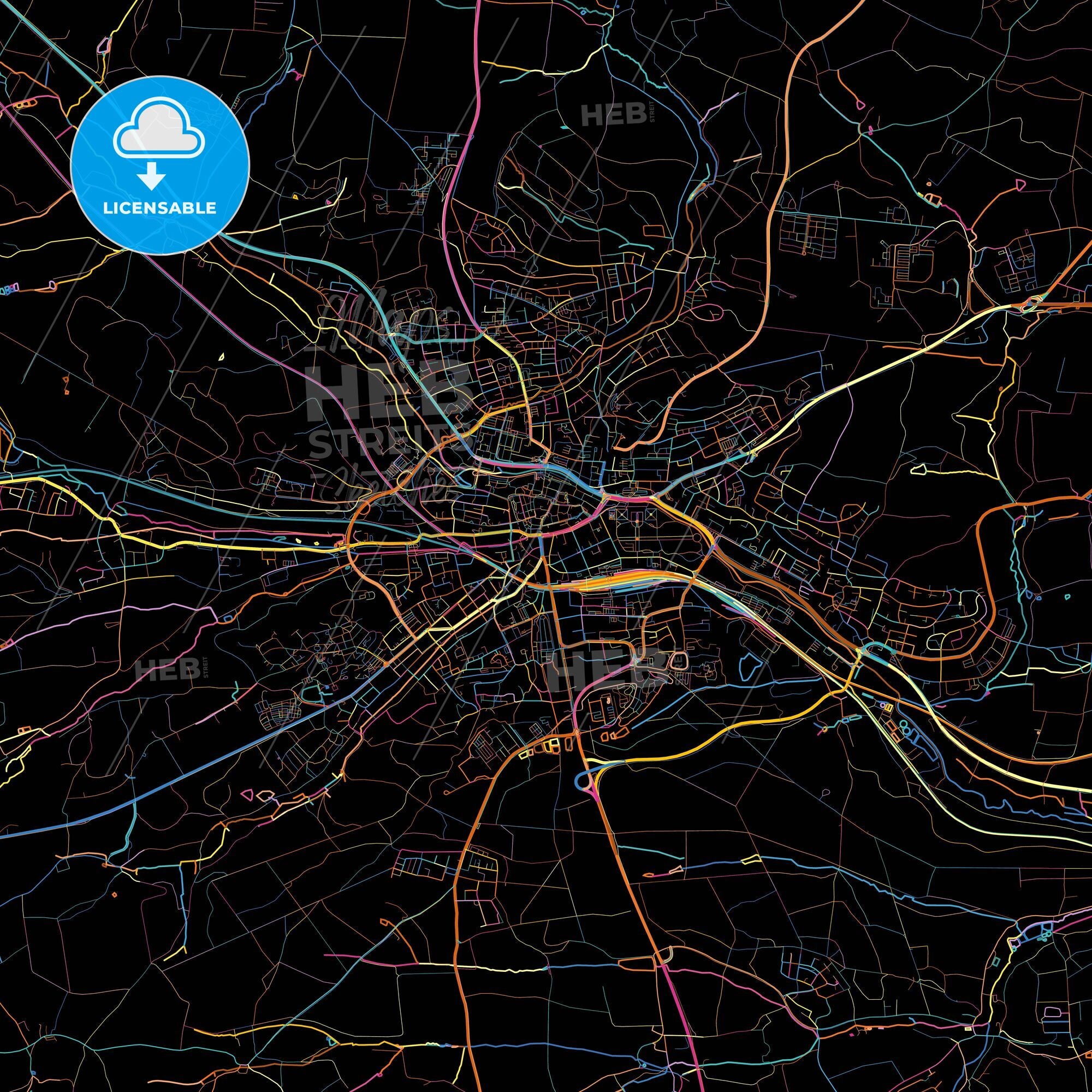 Ansbach, Bavaria, Germany, colorful city map on black background ...