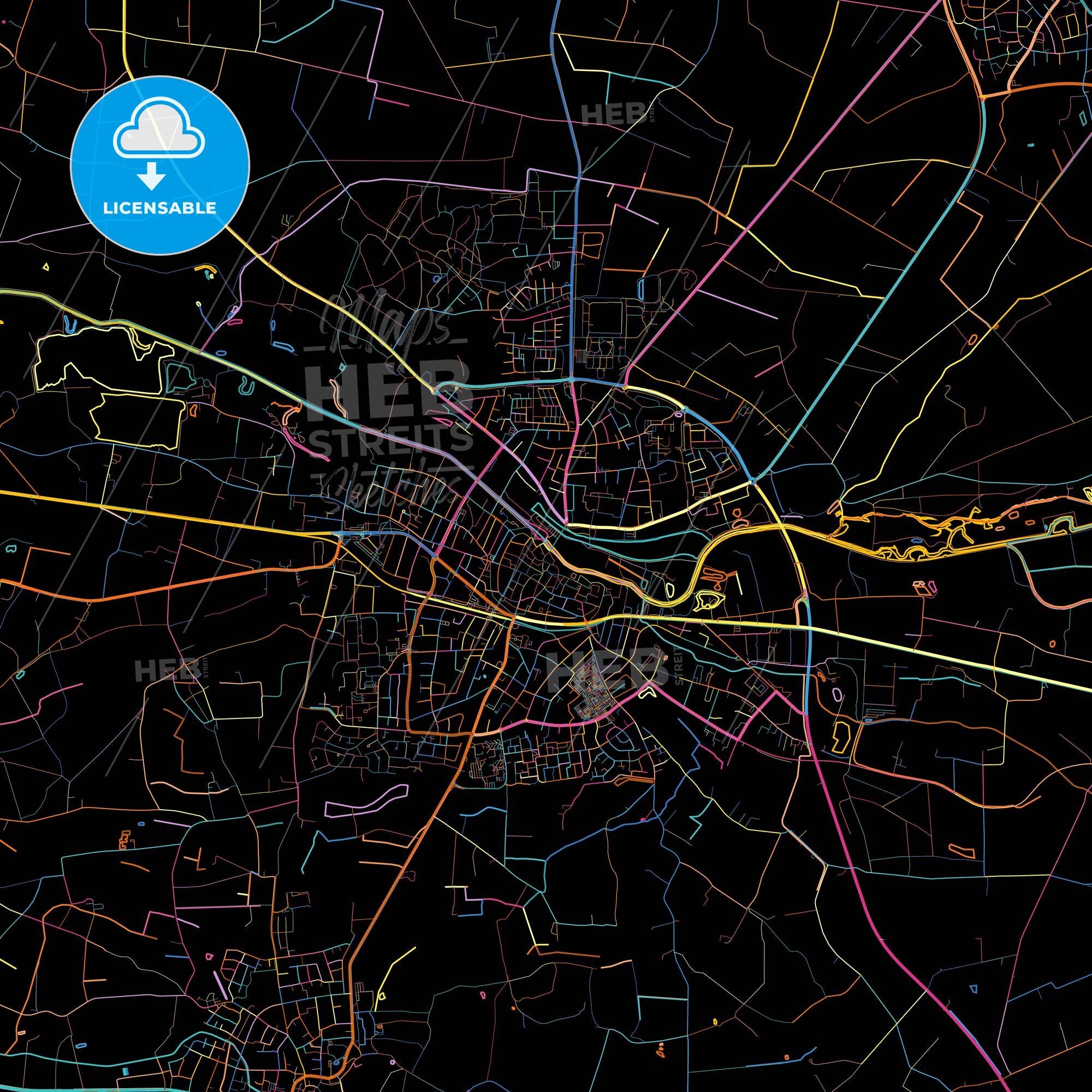 Warendorf, North Rhine-Westphalia, Germany, colorful city map on black ...