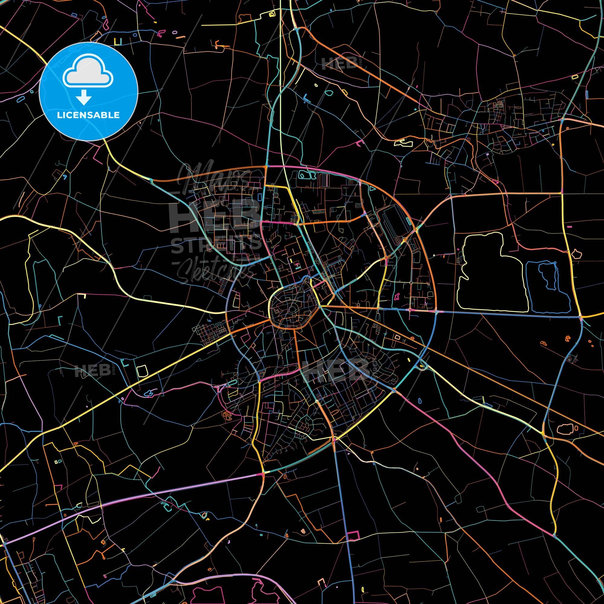 Kempen, North Rhine-Westphalia, Germany, Colorful City Map On Black ...