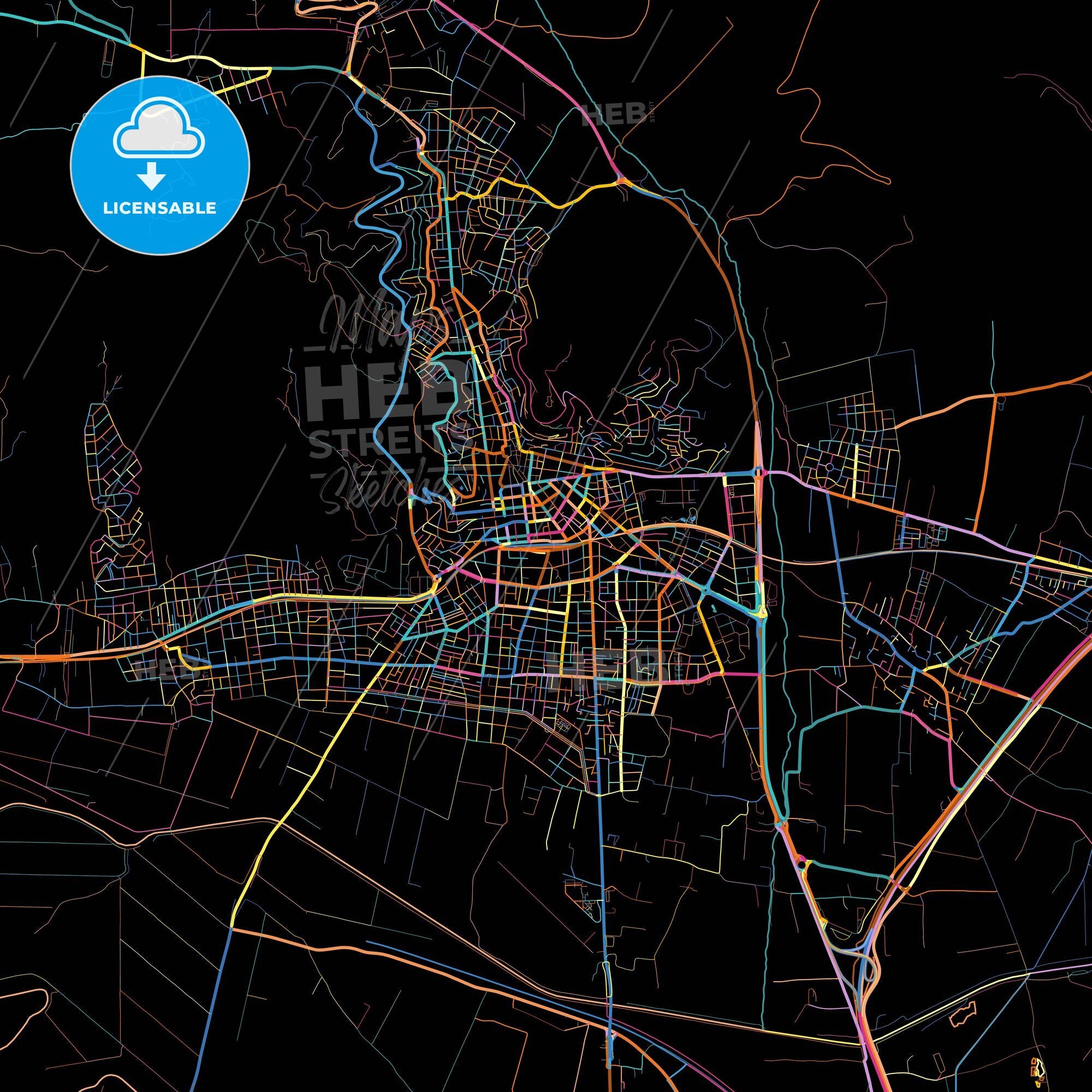 Lamia, Central Greece, Greece, colorful city map on black background ...