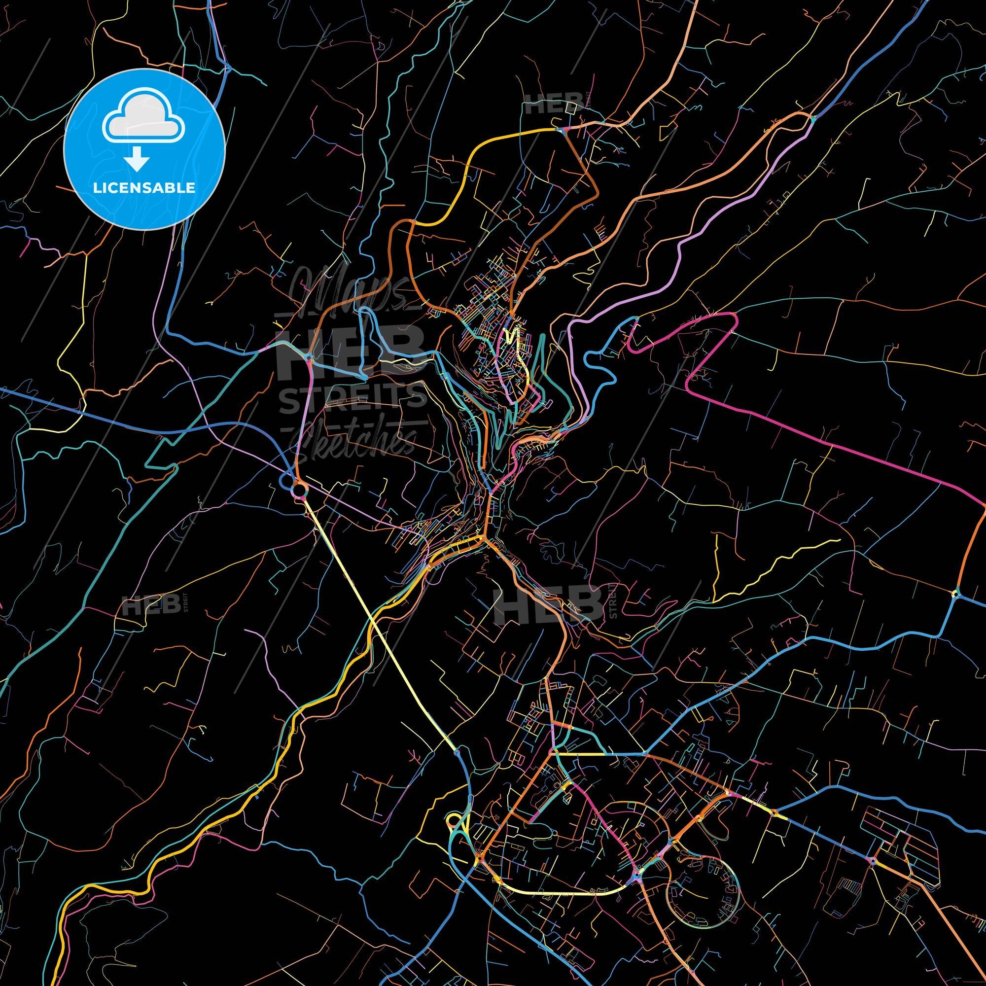 Modica, Sicily, Italy, colorful city map on black background ...