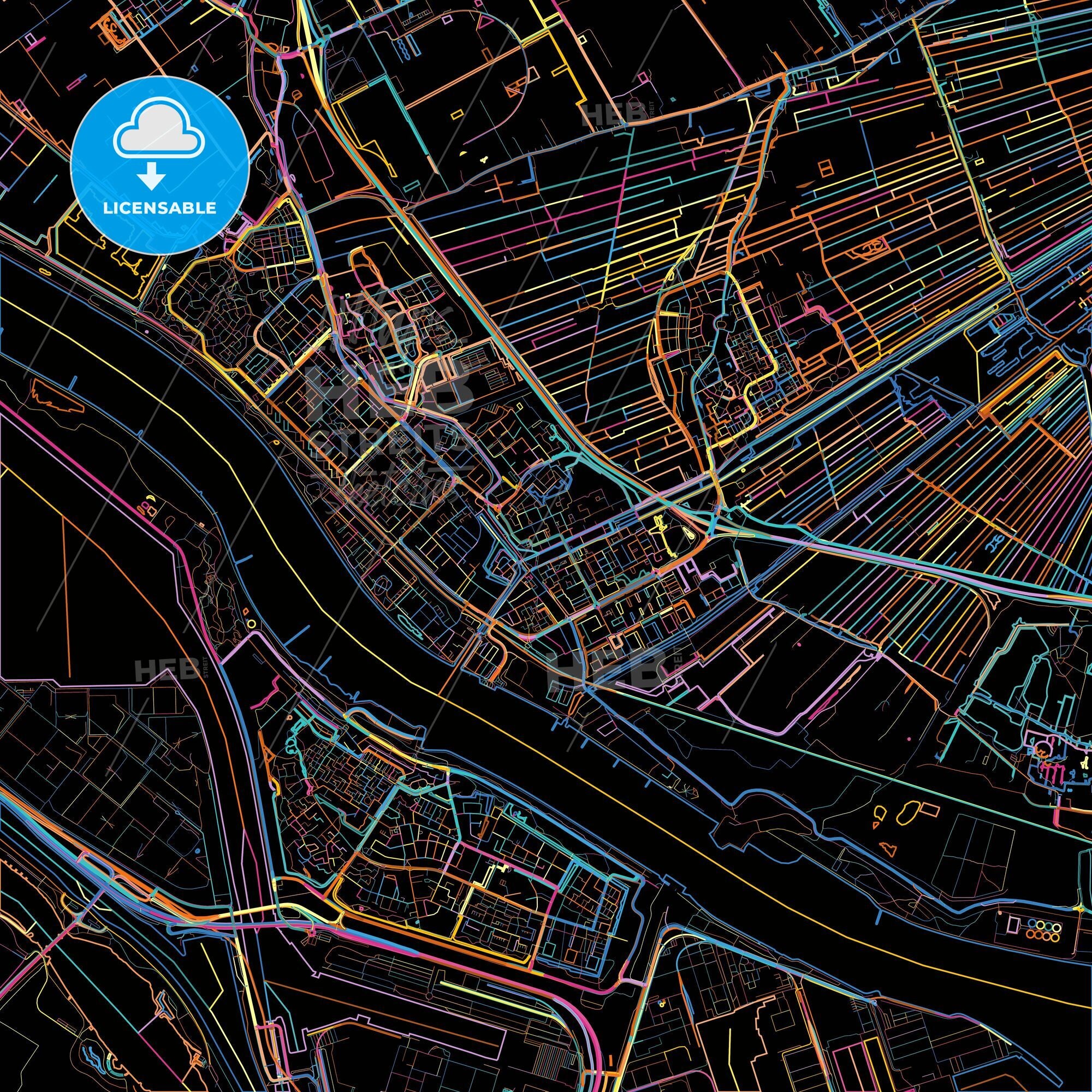 Maassluis, South Holland, Netherlands, colorful city map on black ...