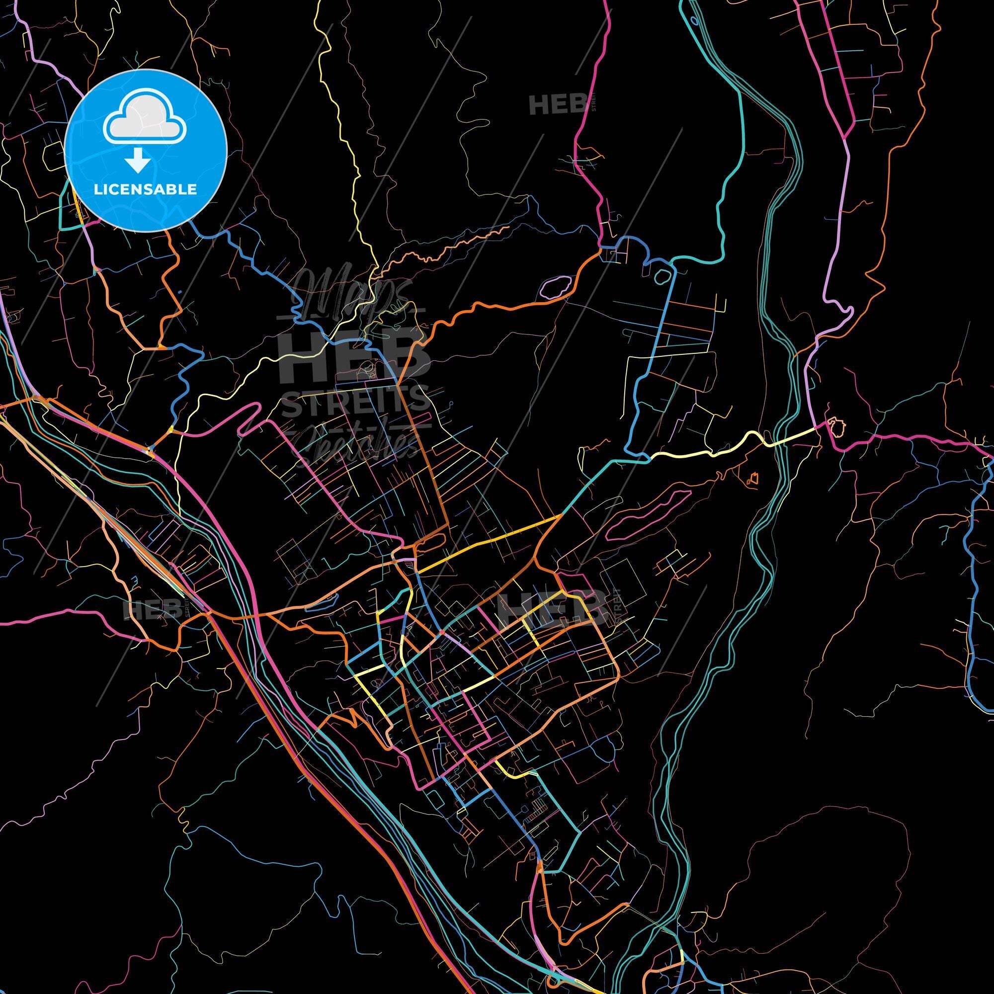 Câmpina, Prahova, Romania, colorful city map on black background ...
