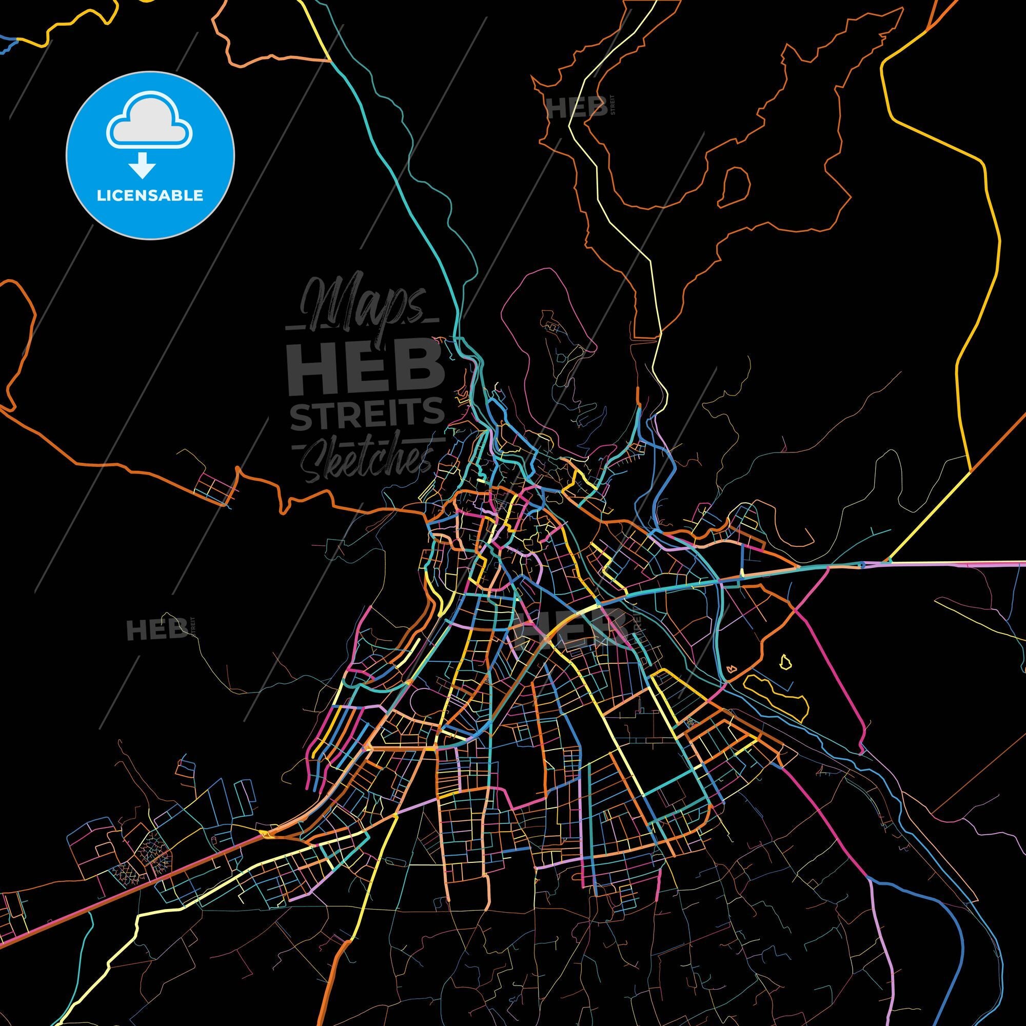 Bergama, İzmir, Turkey, Colorful City Map On Black Background – HEBSTREITS