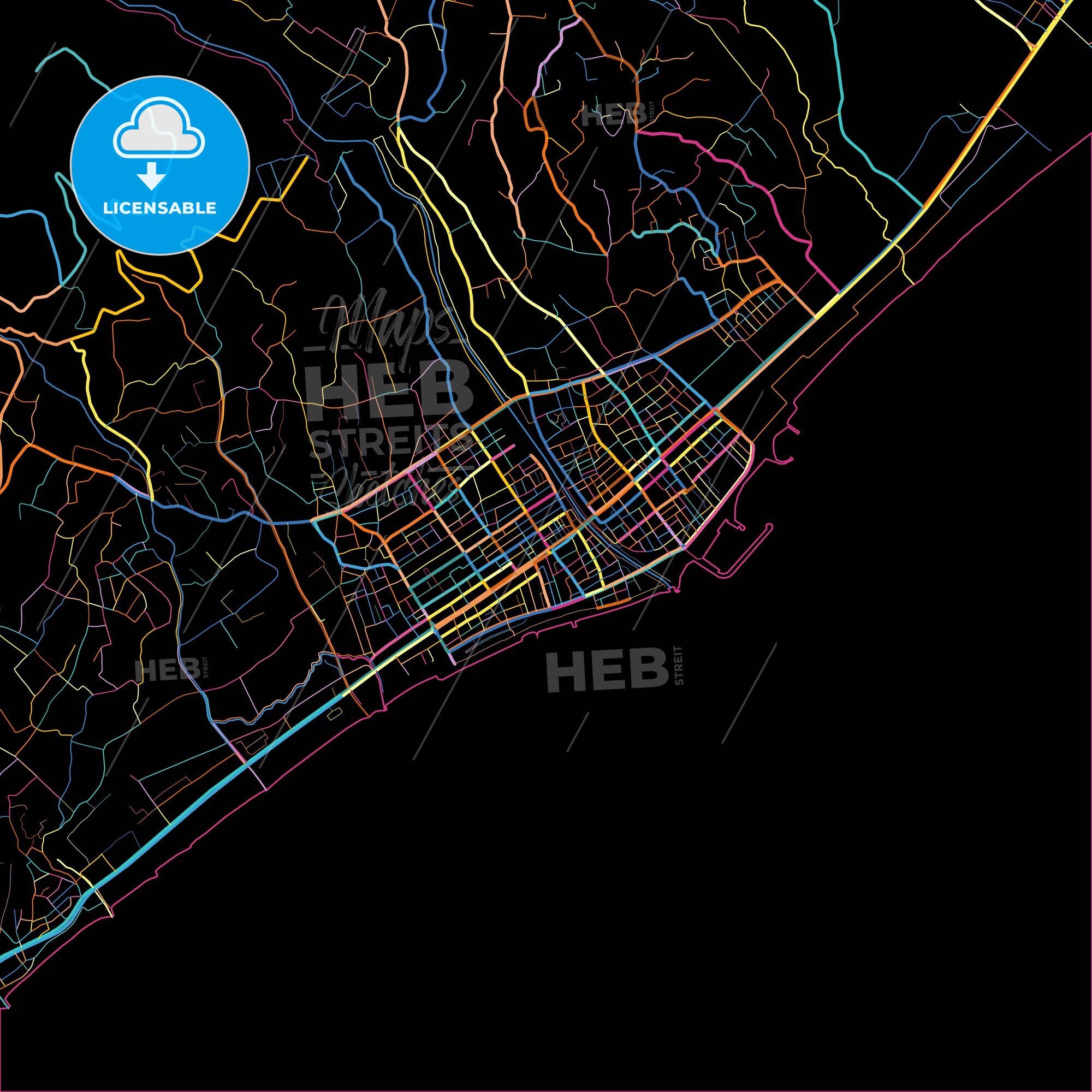 Erdemli, Mersin, Turkey, colorful city map on black background ...