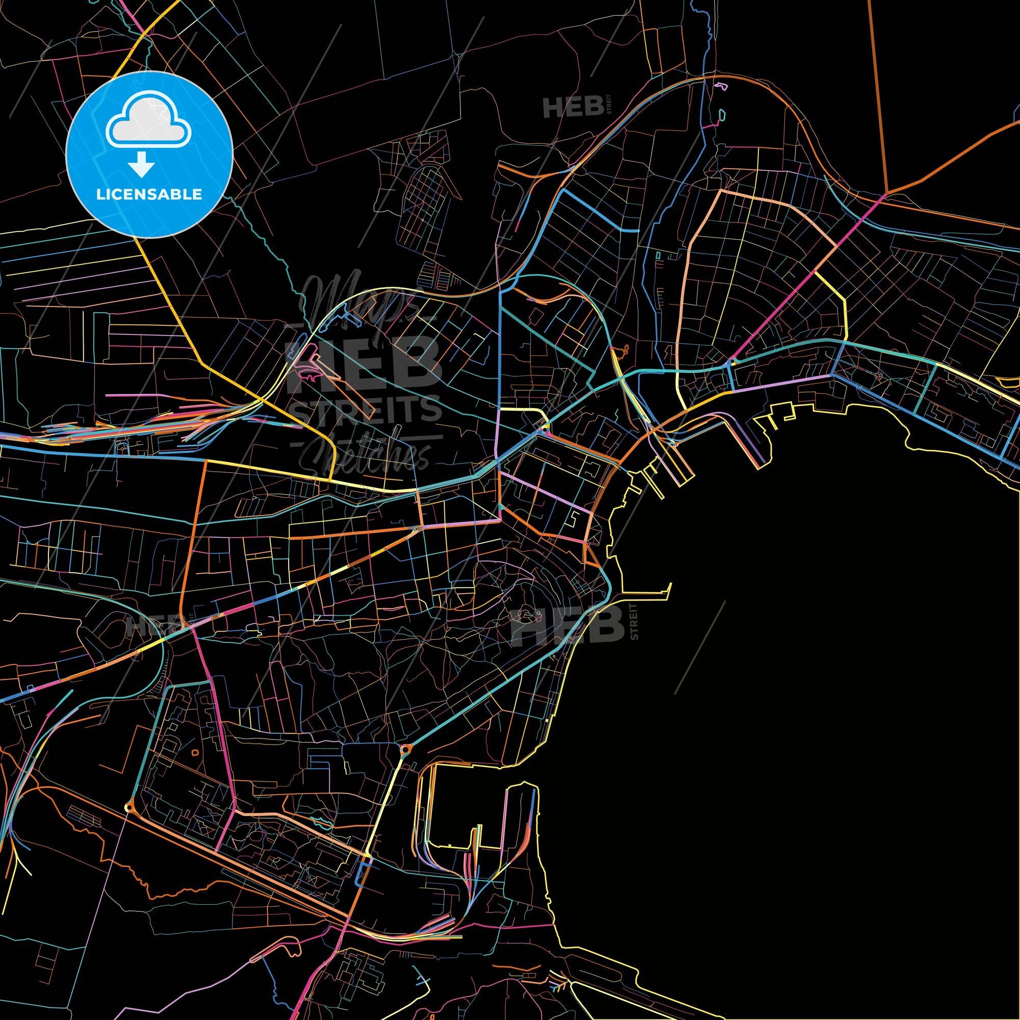 Kerch, Crimea, Ukraine, Colorful City Map On Black Background – HEBSTREITS