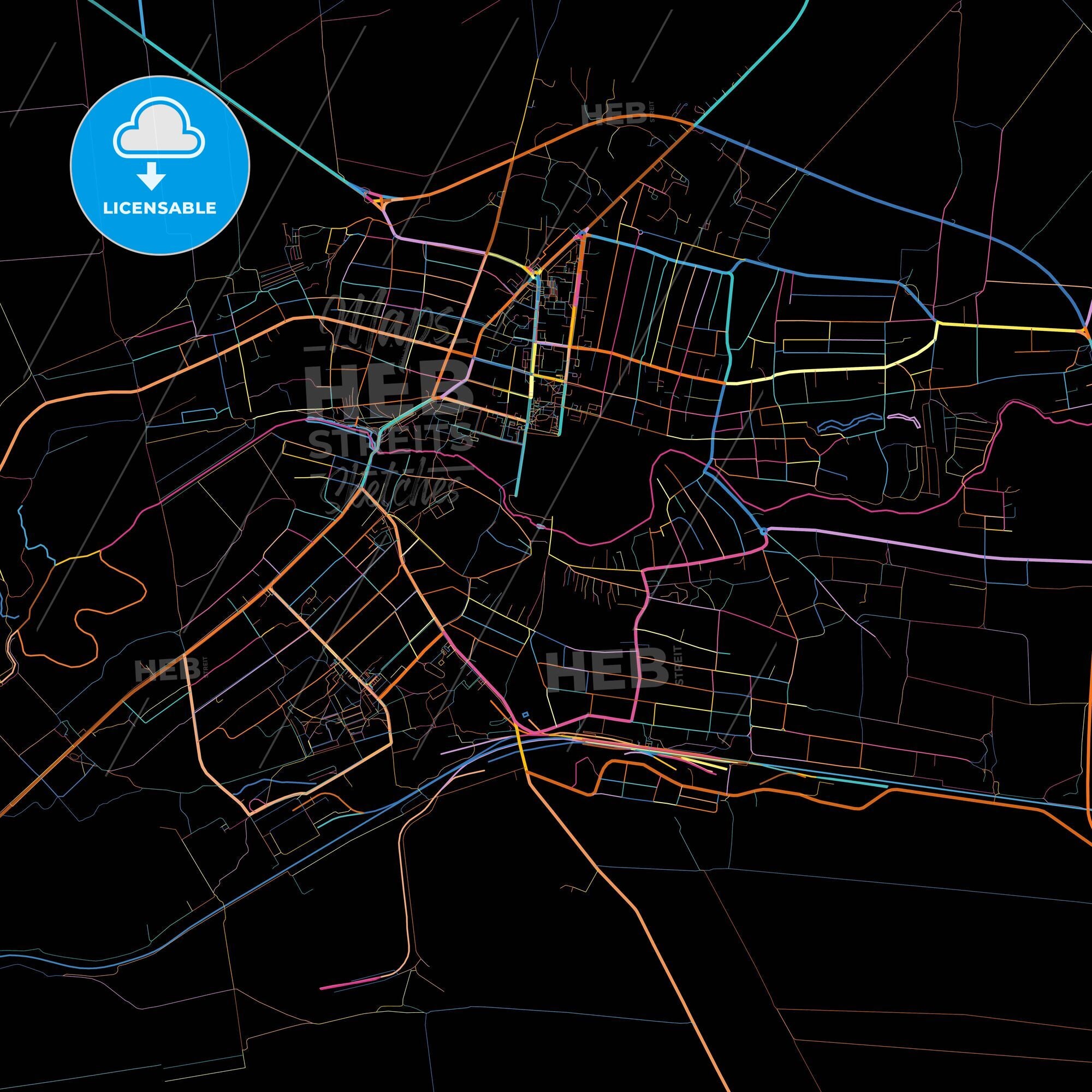 Tokmak, Zaporizhia Oblast, Ukraine, colorful city map on black ...
